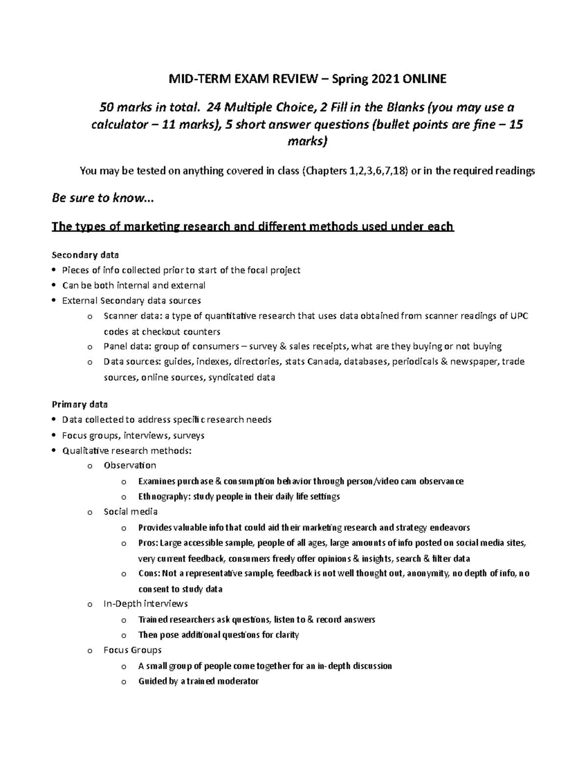 MARK1027 Midterm Review Final - MID-TERM EXAM REVIEW – Spring 2021 ...