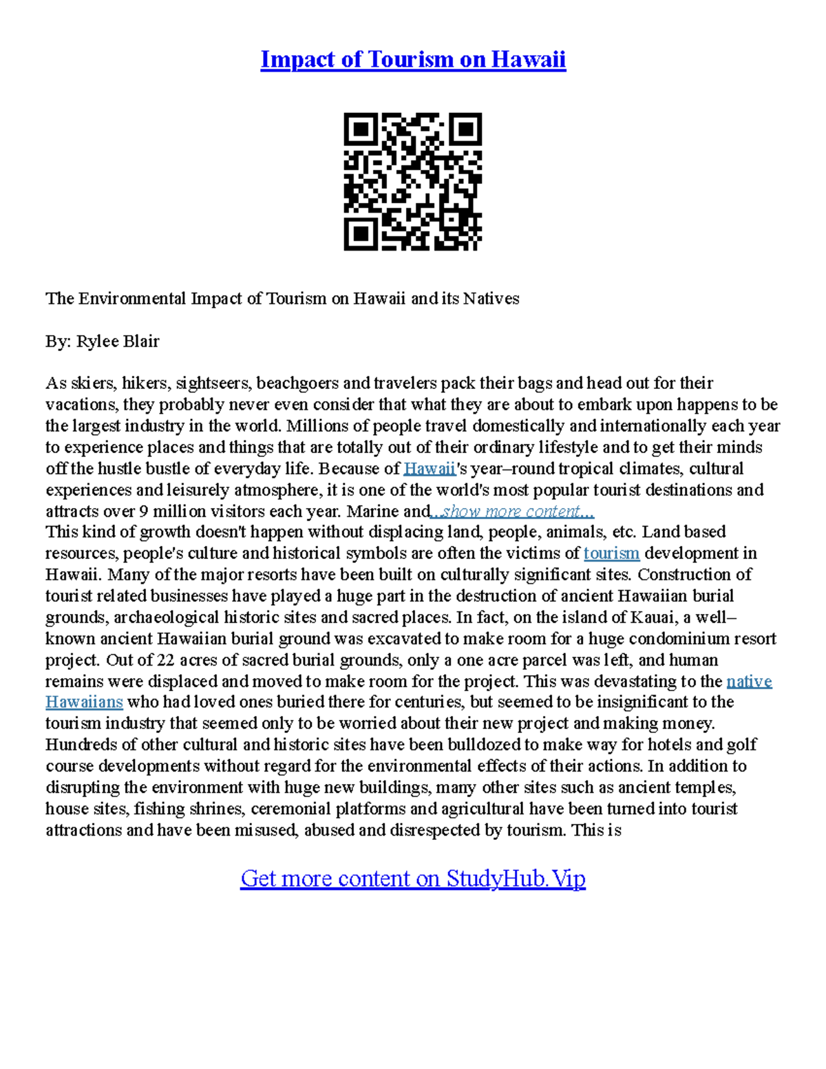 Essay About Hawaii - Impact of Tourism on Hawaii The Environmental ...