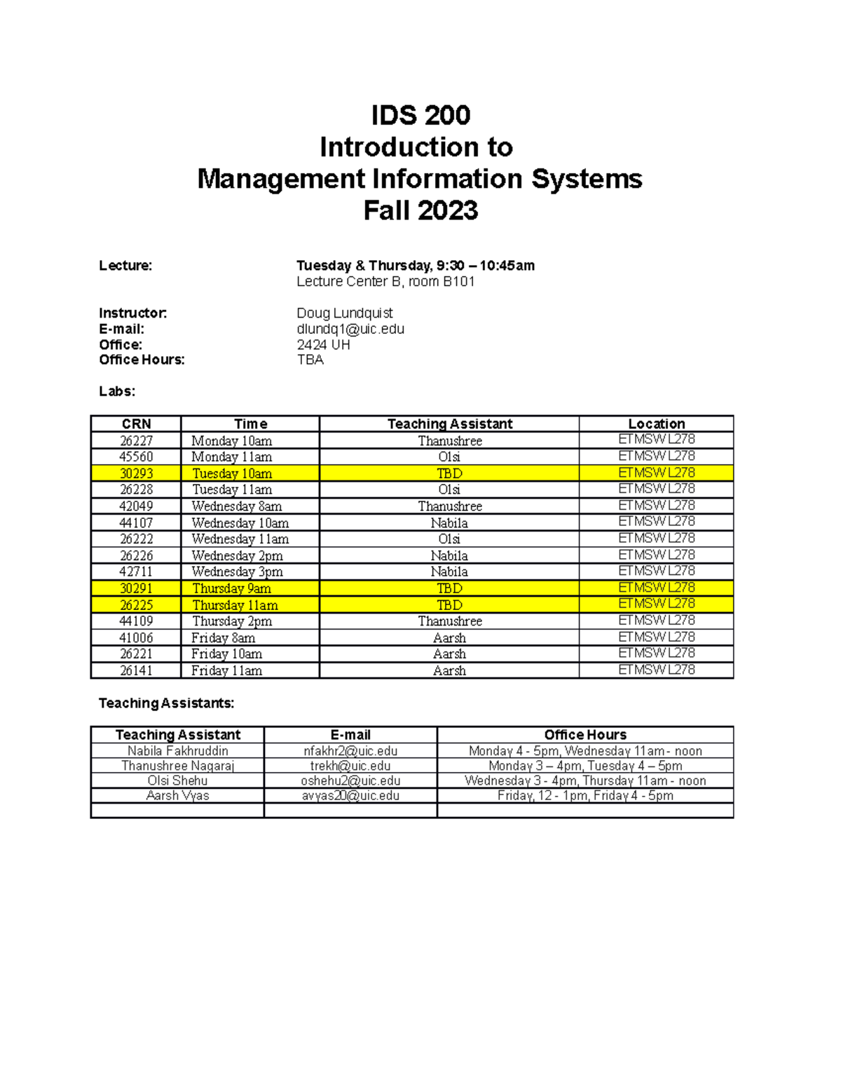 IDS 200 Syllabus Fall 2023 CRN 42062 v1 - IDS 200 Introduction to Management Information Systems ...