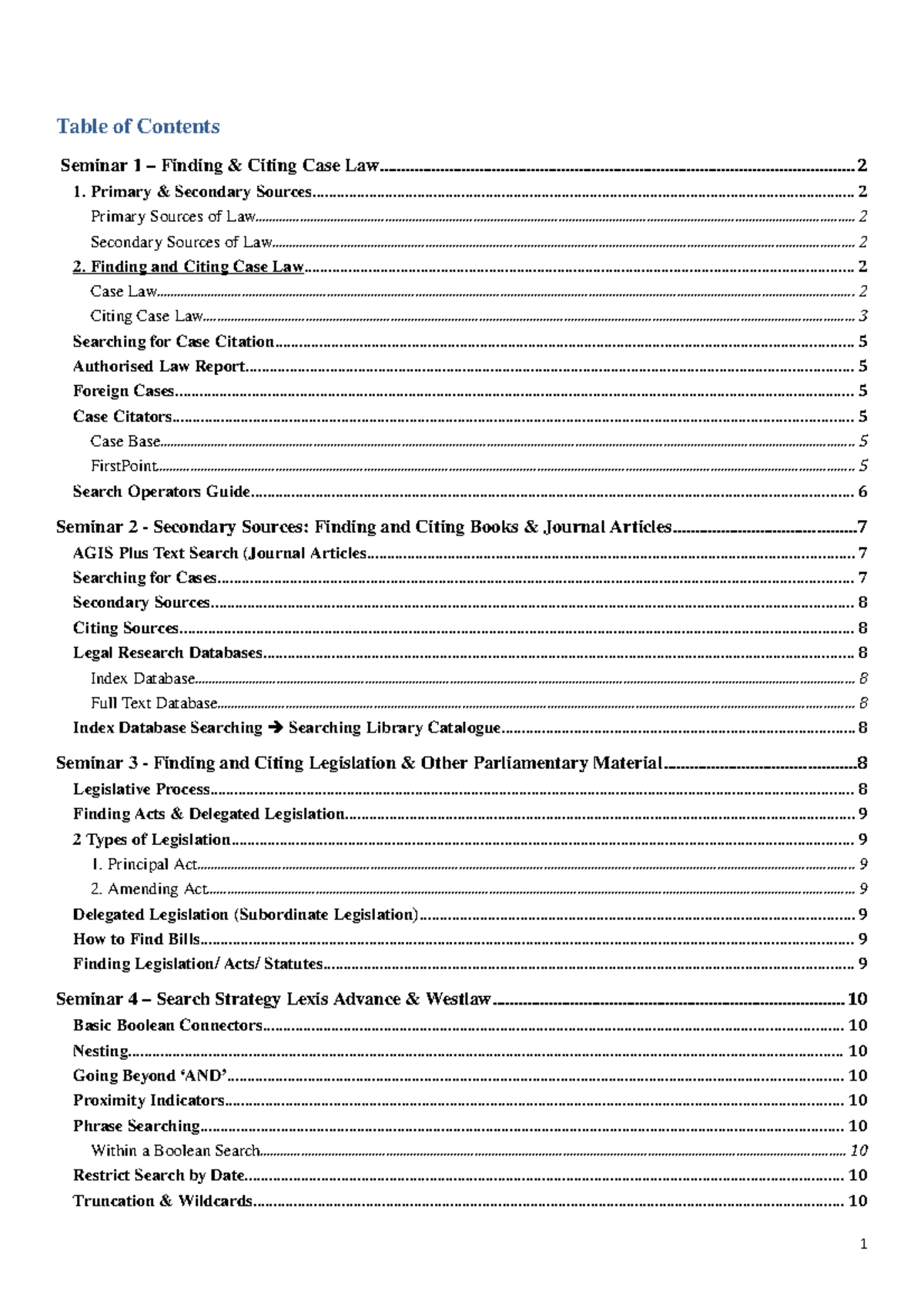 Seminar Notes - Table of Contents Seminar 1 – Finding & Citing Case ...
