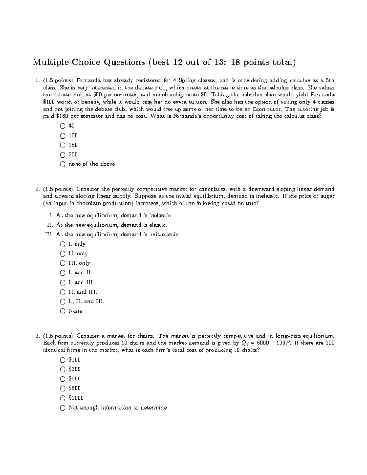 Practice problems 2023 - Multiple Choice Questions (best 12 out of 13: ...