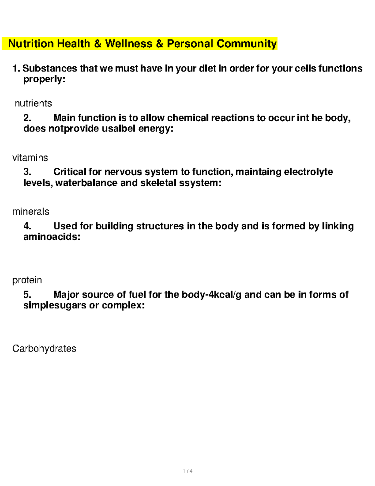 Nutrition, Health, and Wellness Exam 1 Study Guide - Nutrition Health ...