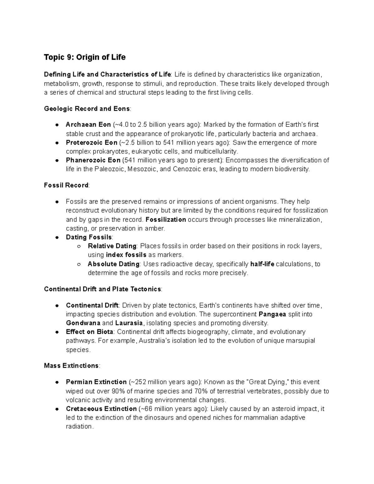 Topic summary 9-18 - Topic 9: Origin of Life Defining Life and ...