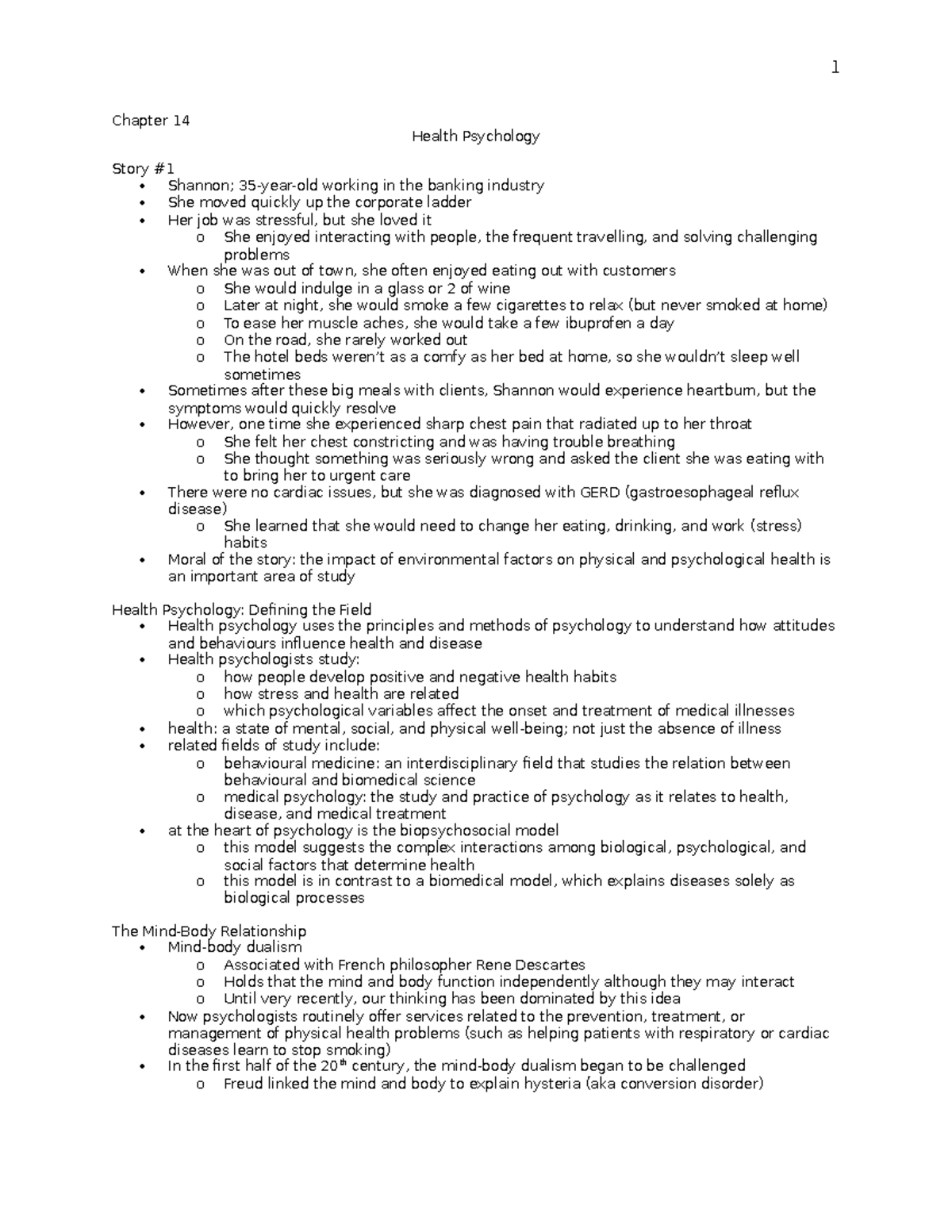 Chapter 14 Reading - notes - Chapter 14 Health Psychology Story ...
