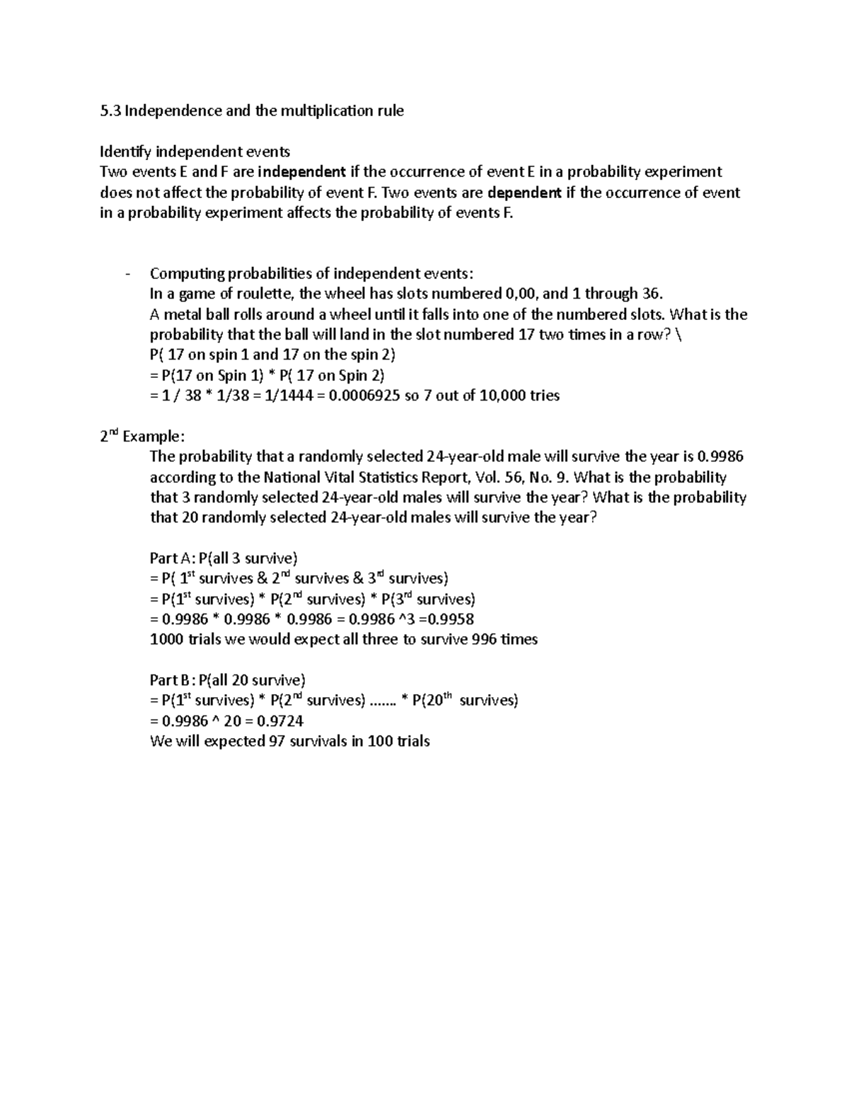 5 - Notes for STA2122 - 5 Independence and the multiplication rule ...