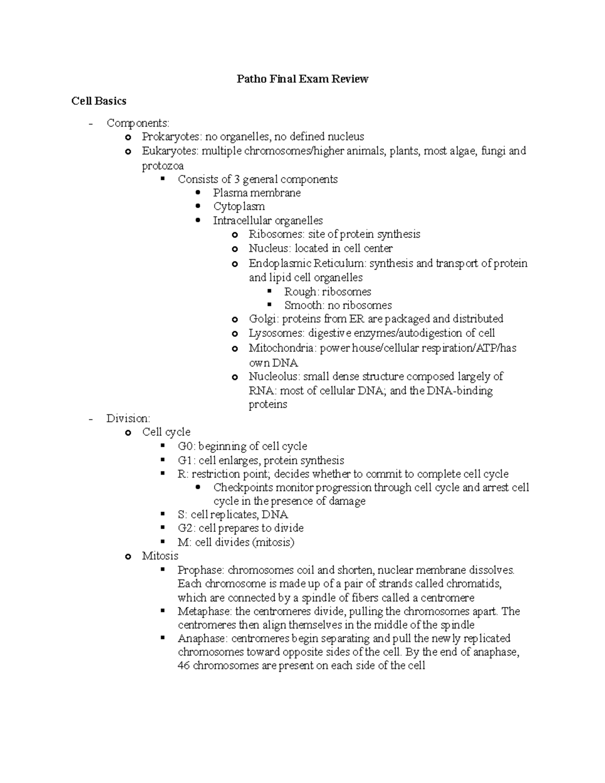 Final Exam Review Patho - Patho Final Exam Review Cell Basics ...
