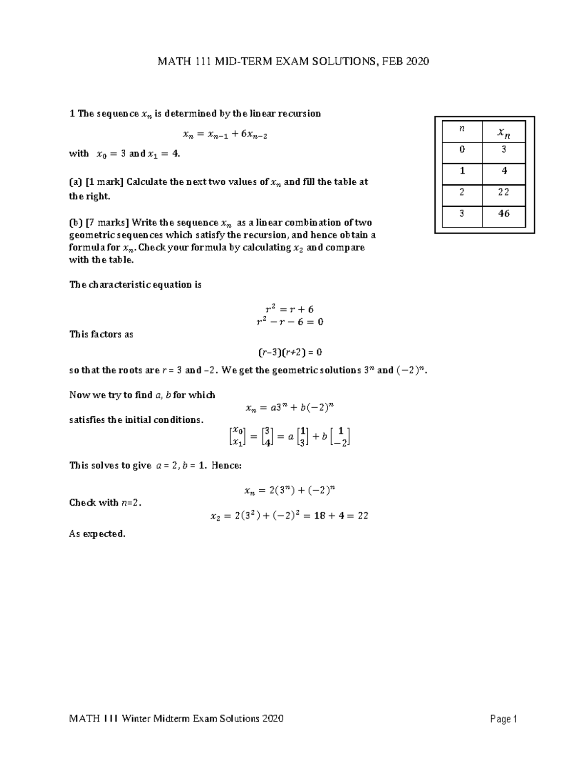 111Mid Term Exam Solutions-2020 - n xn 0 3 1 4 2 22 3 46 MATH 111 MID ...