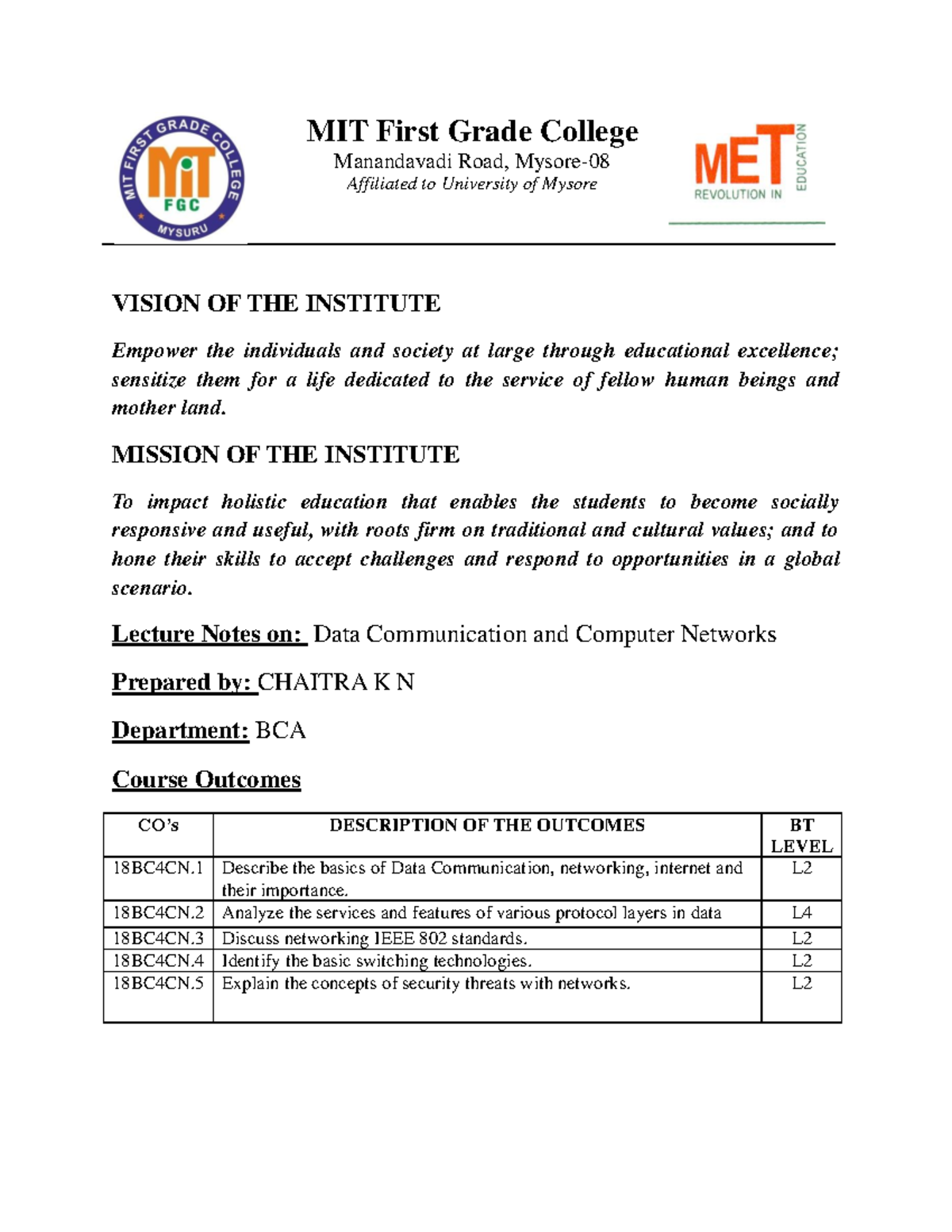 Networking Notes - MIT First Grade College Manandavadi Road, Mysore ...