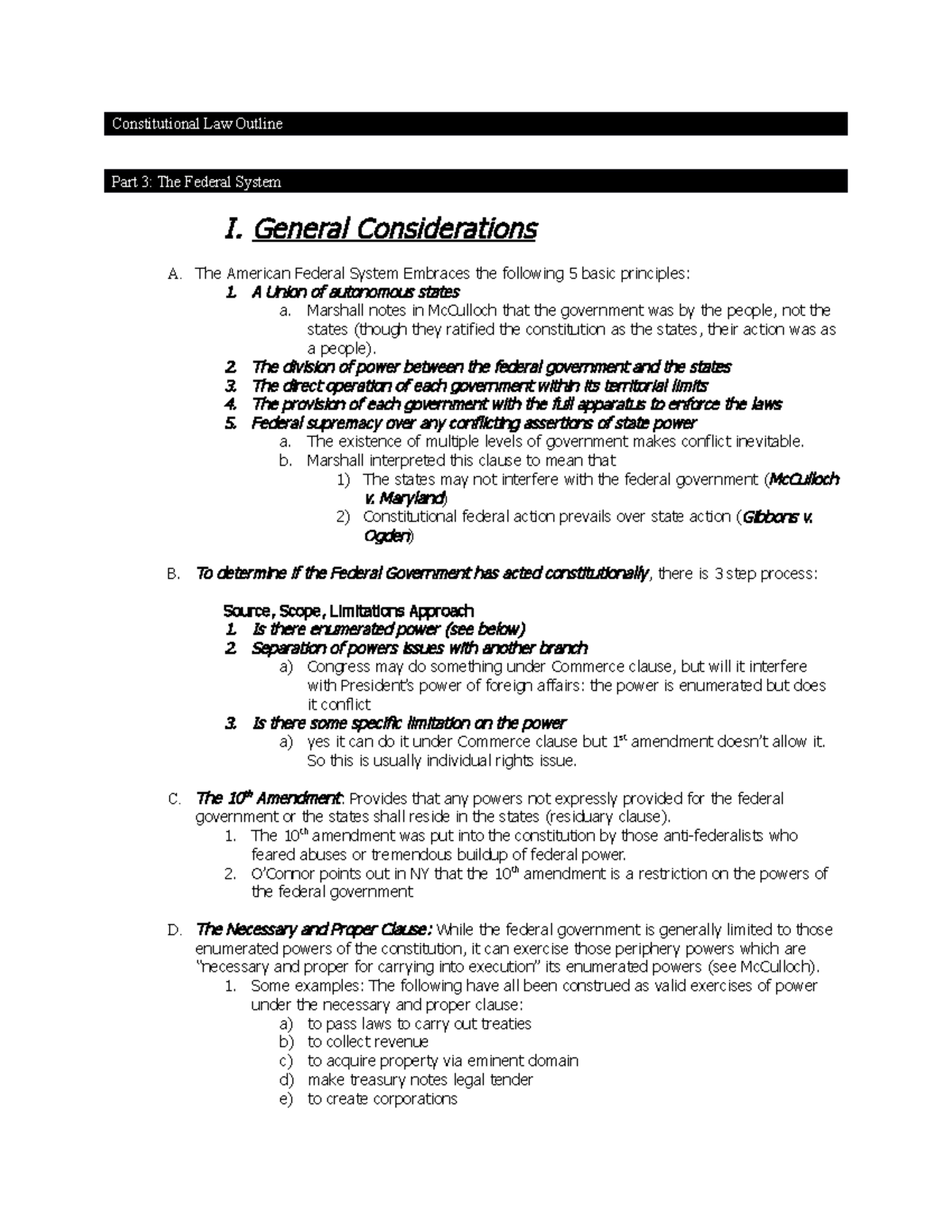 Constitutional Law Outline - 1 - Constitutional Law Outline Part 3: The ...