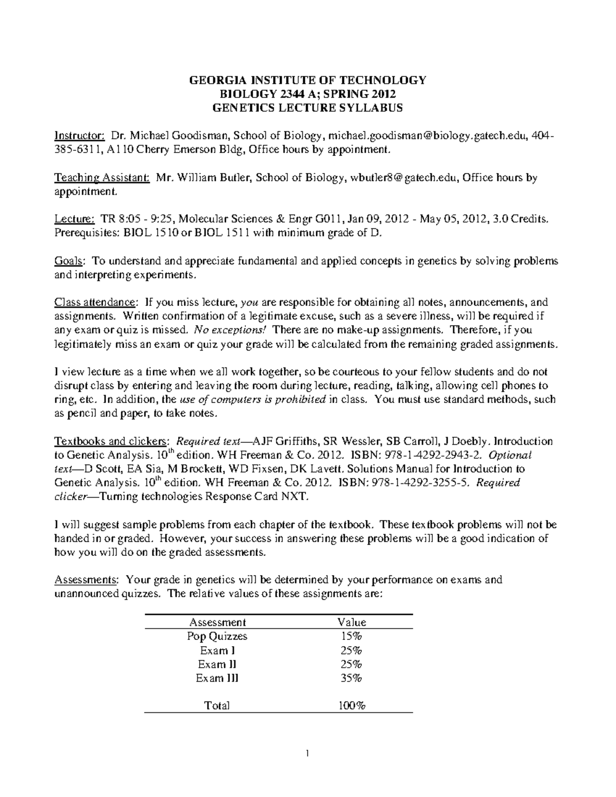 Genetics 2344 Lecture Syllabus 2012 - 1 GEORGIA INSTITUTE OF TECHNOLOGY ...