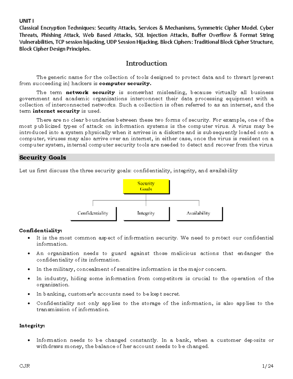 1. CNS UNIT-1 CJR - for R19 Students - UNIT I Classical Encryption Techniques: Security Attacks ...