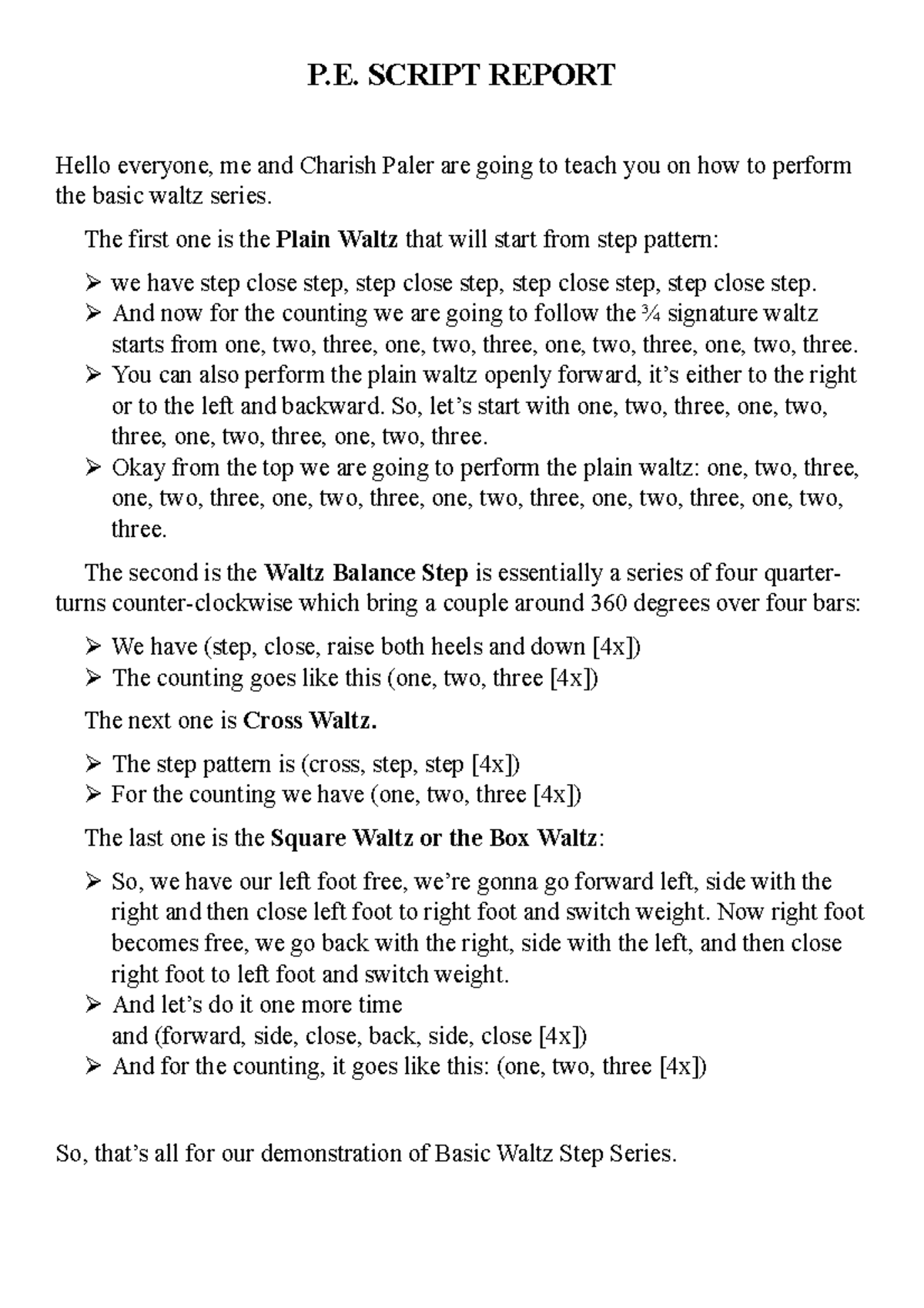 PE2 script report - Waltz Dance - P. SCRIPT REPORT Hello everyone, me ...