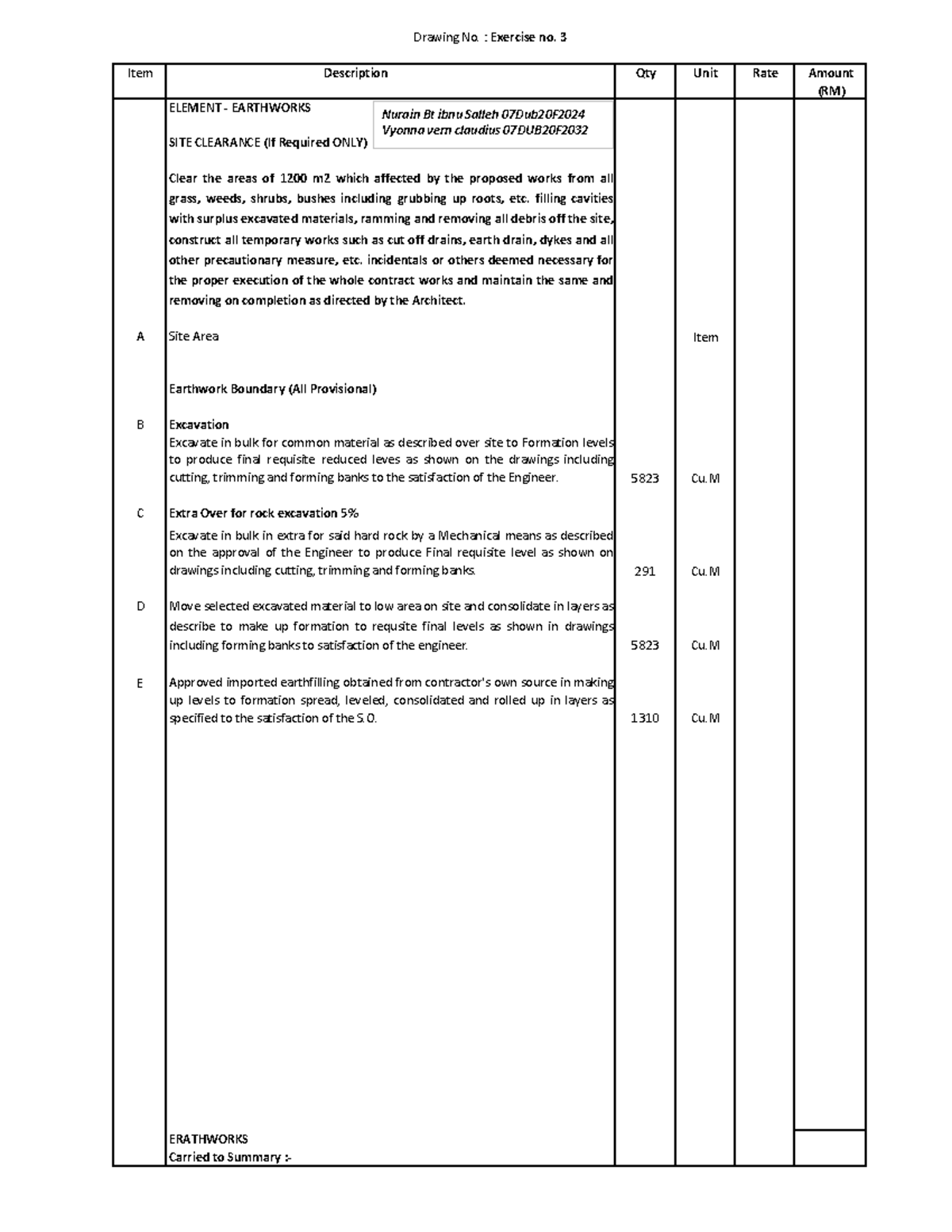 Earthworks BQ - earthwork bill off quantity - Item Description Qty Unit ...