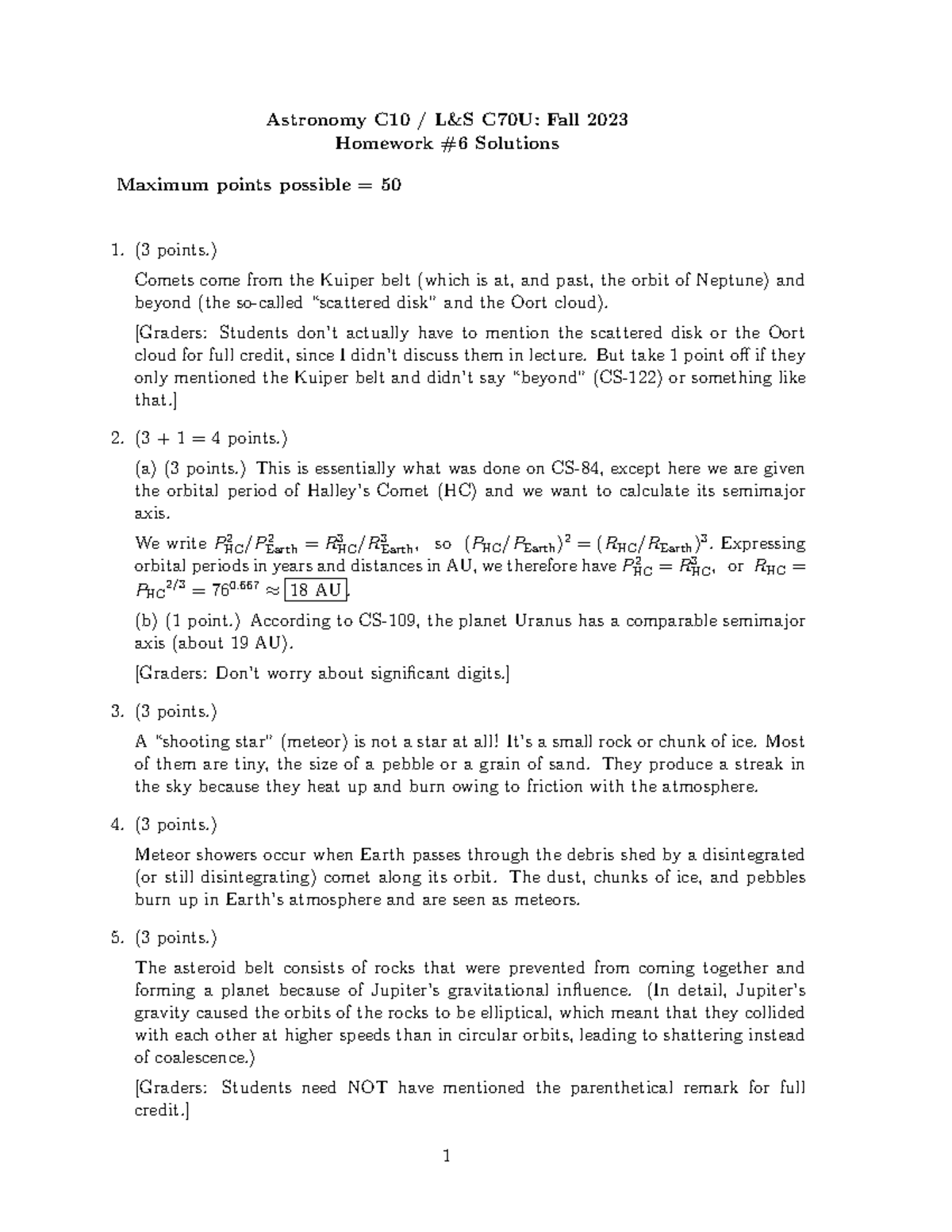 Hw6 f23 sol - Astronomy C10 / L&S C70U: Fall 2023 Homework #6 Solutions Maximum points possible ...