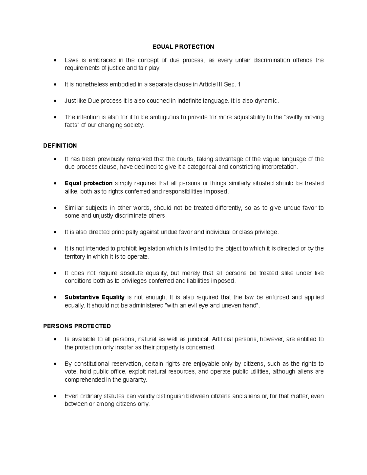Equal- Protection Notes - EQUAL PROTECTION Laws is embraced in the ...