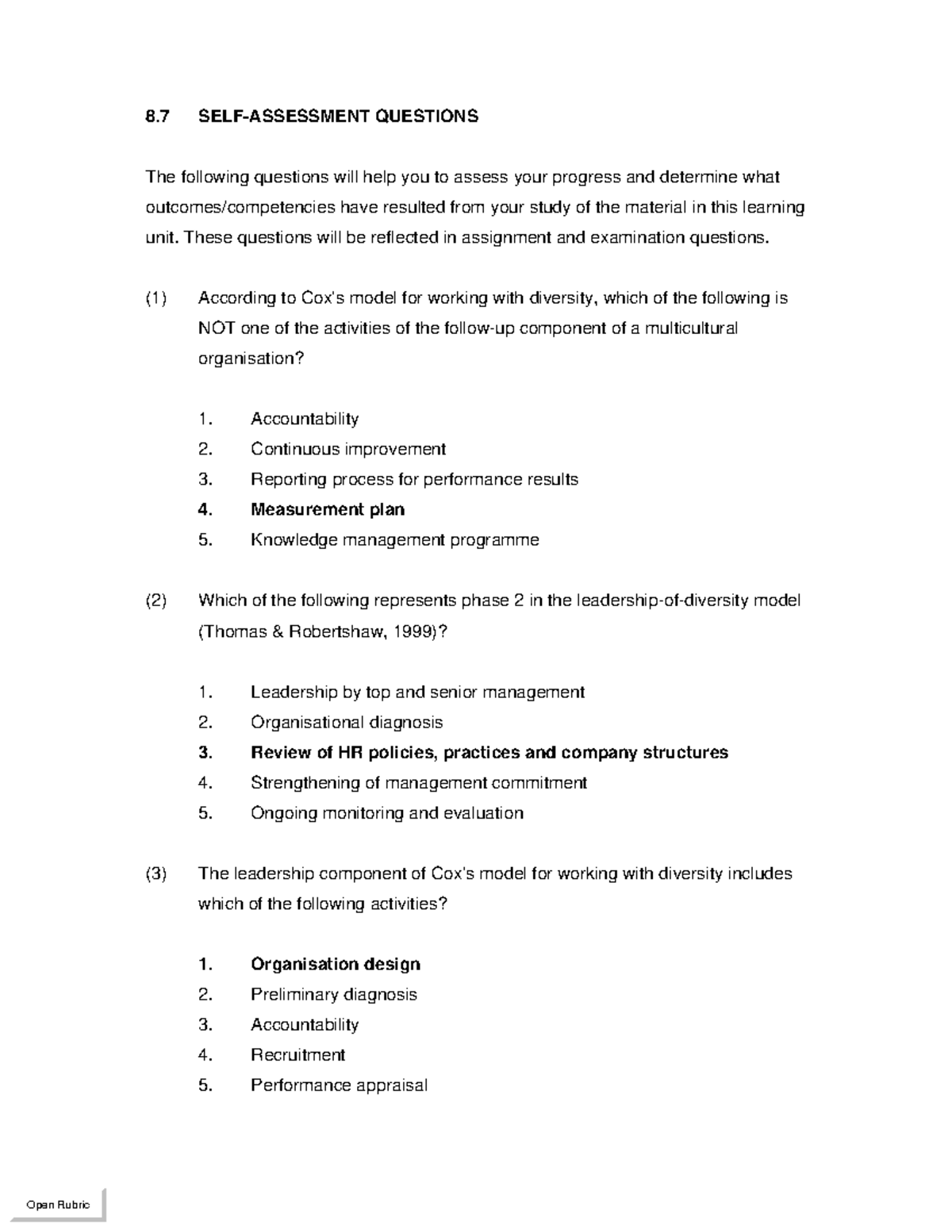 Self Assessment Learning Unit 8Feedback - 8 SELF-ASSESSMENT QUESTIONS ...