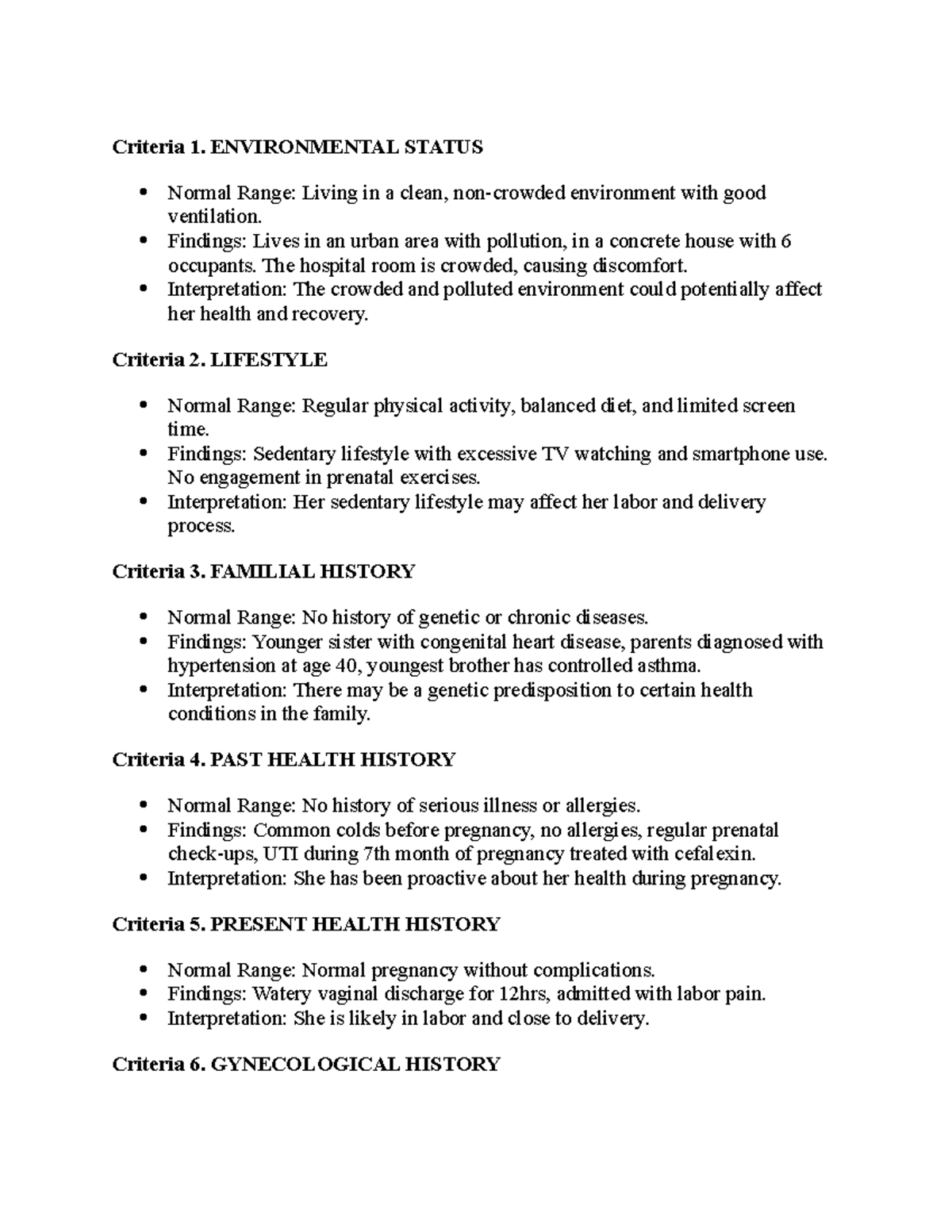 GEN. Survey - Criteria 1. ENVIRONMENTAL STATUS Normal Range: Living in ...