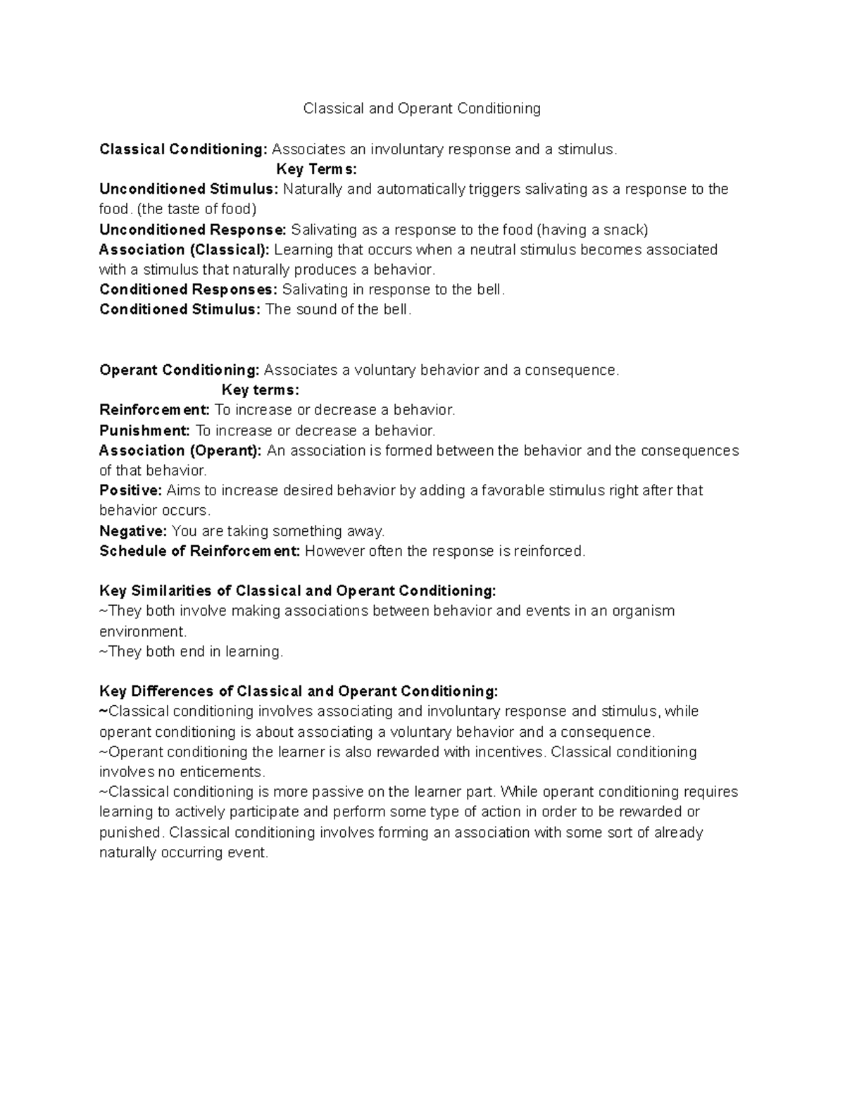Conditioning - Key Terms: Unconditioned Stimulus: Naturally and ...