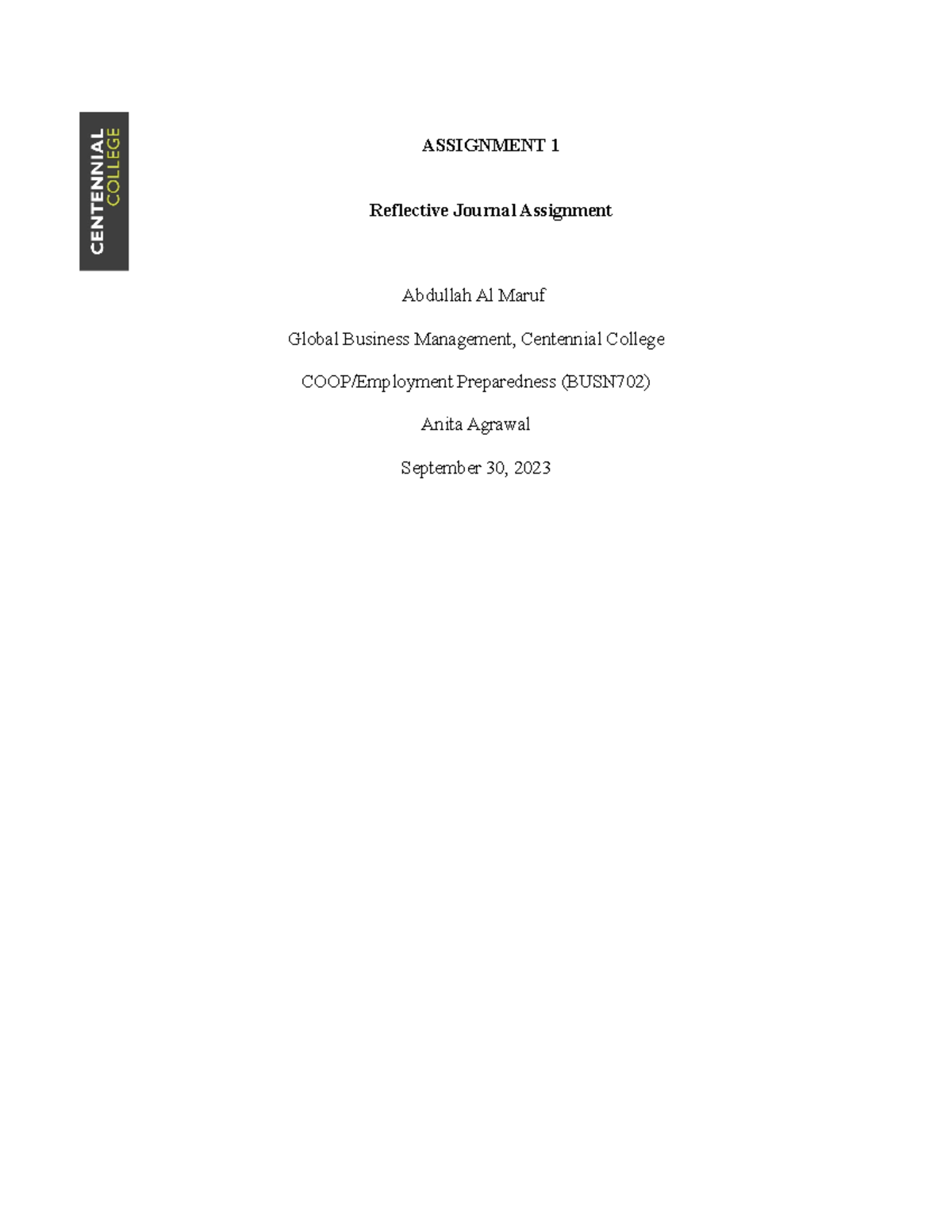 Assignment 1 - ASSIGNMENT 1 Reflective Journal Assignment Abdullah Al Maruf Global Business ...