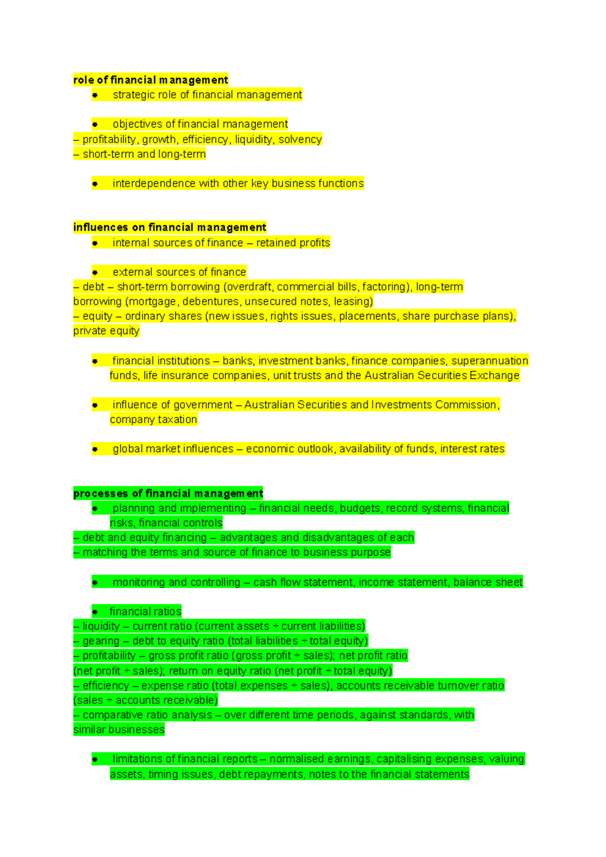 Business Studies Notes Topic 3 - role of financial management strategic ...