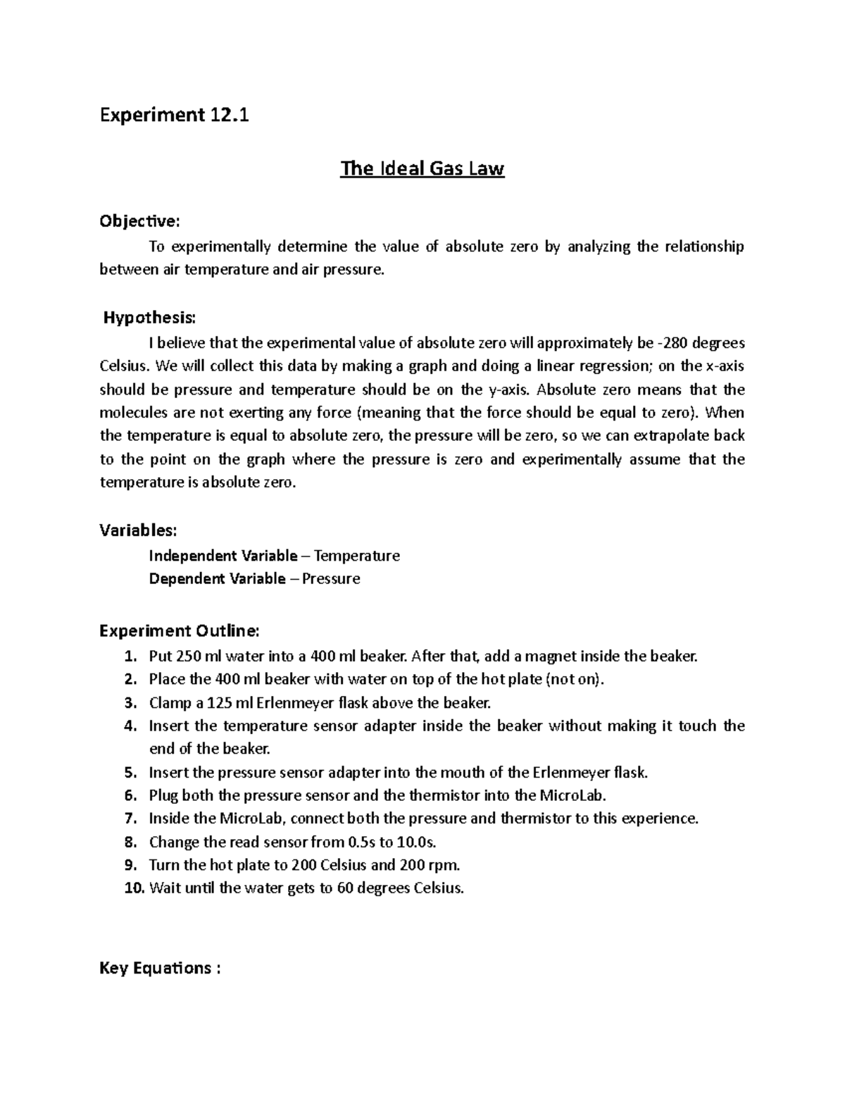 ACHM 115 - Experiment 12.1 or 12.a - The Ideal Gas Law - Experiment 12 ...
