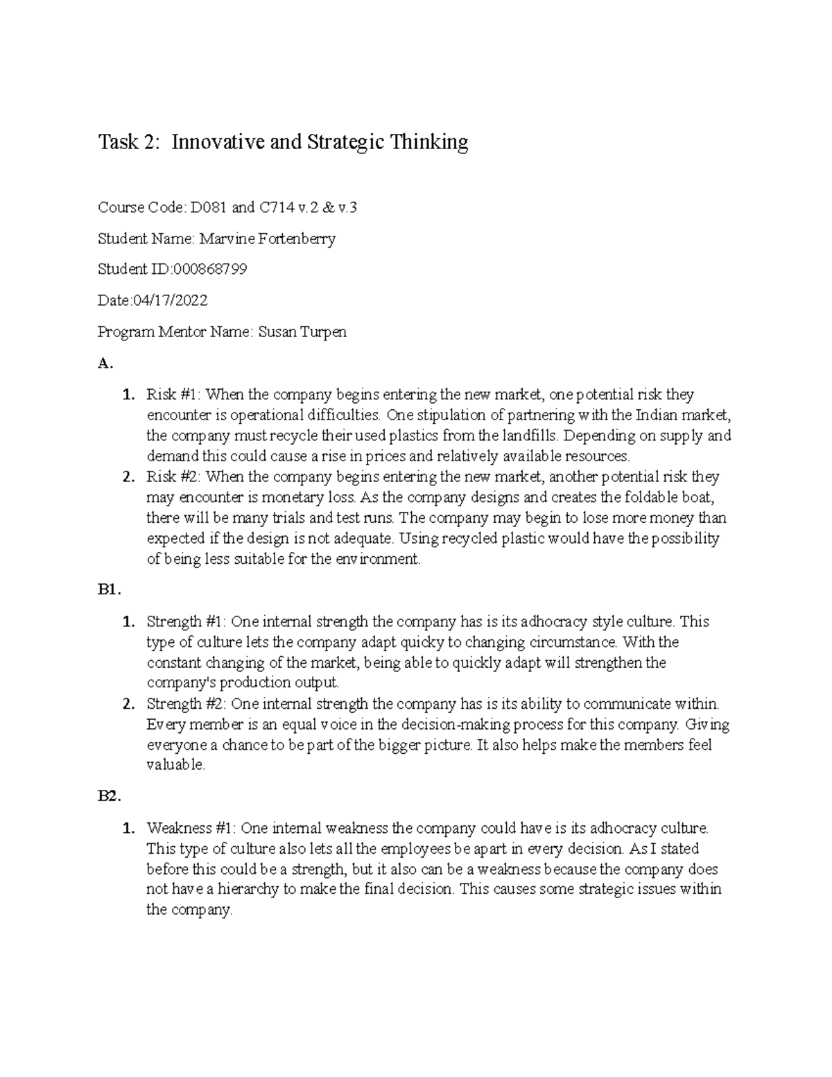 Task 2 strategic and innovative thinking - Task 2: Innovative and ...