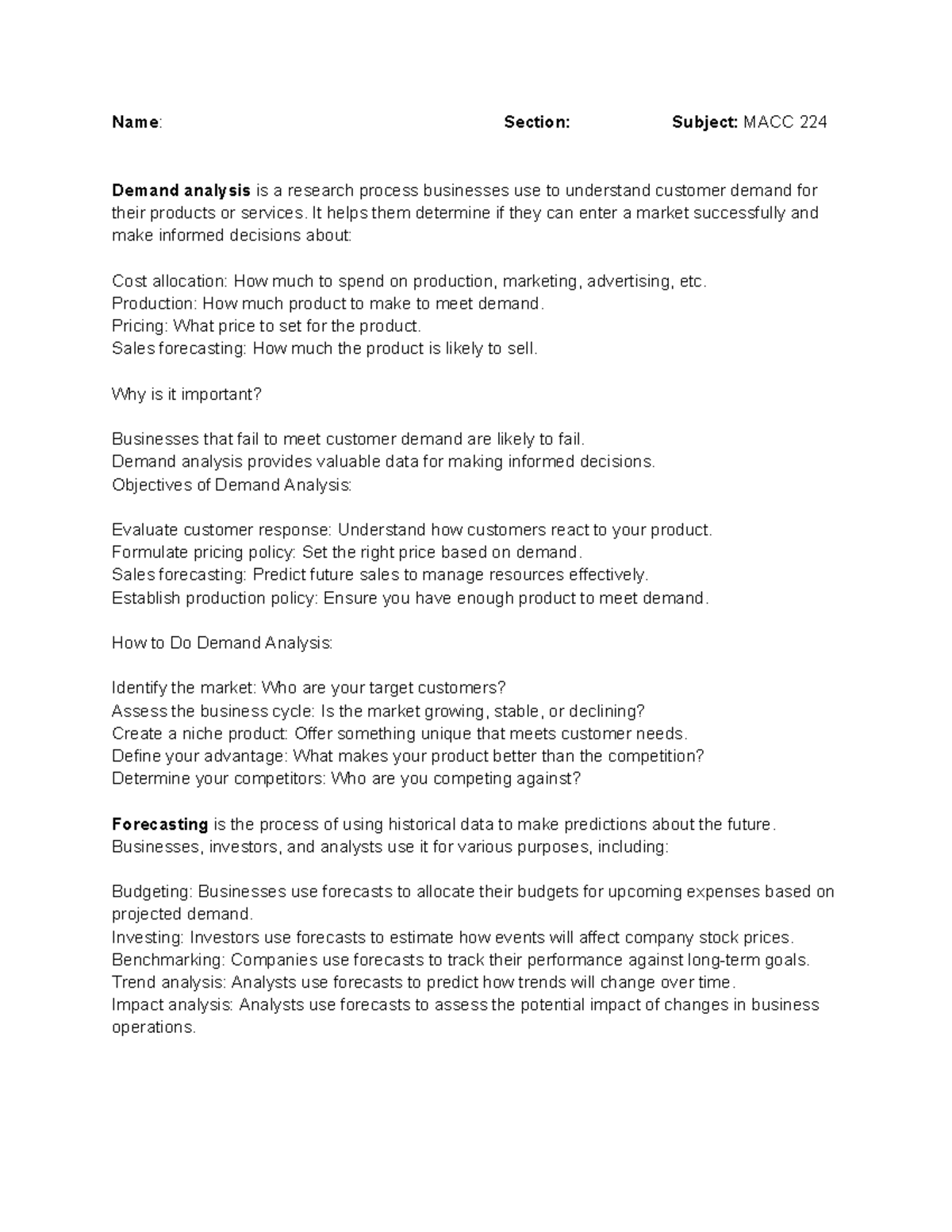 Demand And Forecasting Analysis Name Section Subject MACC 224