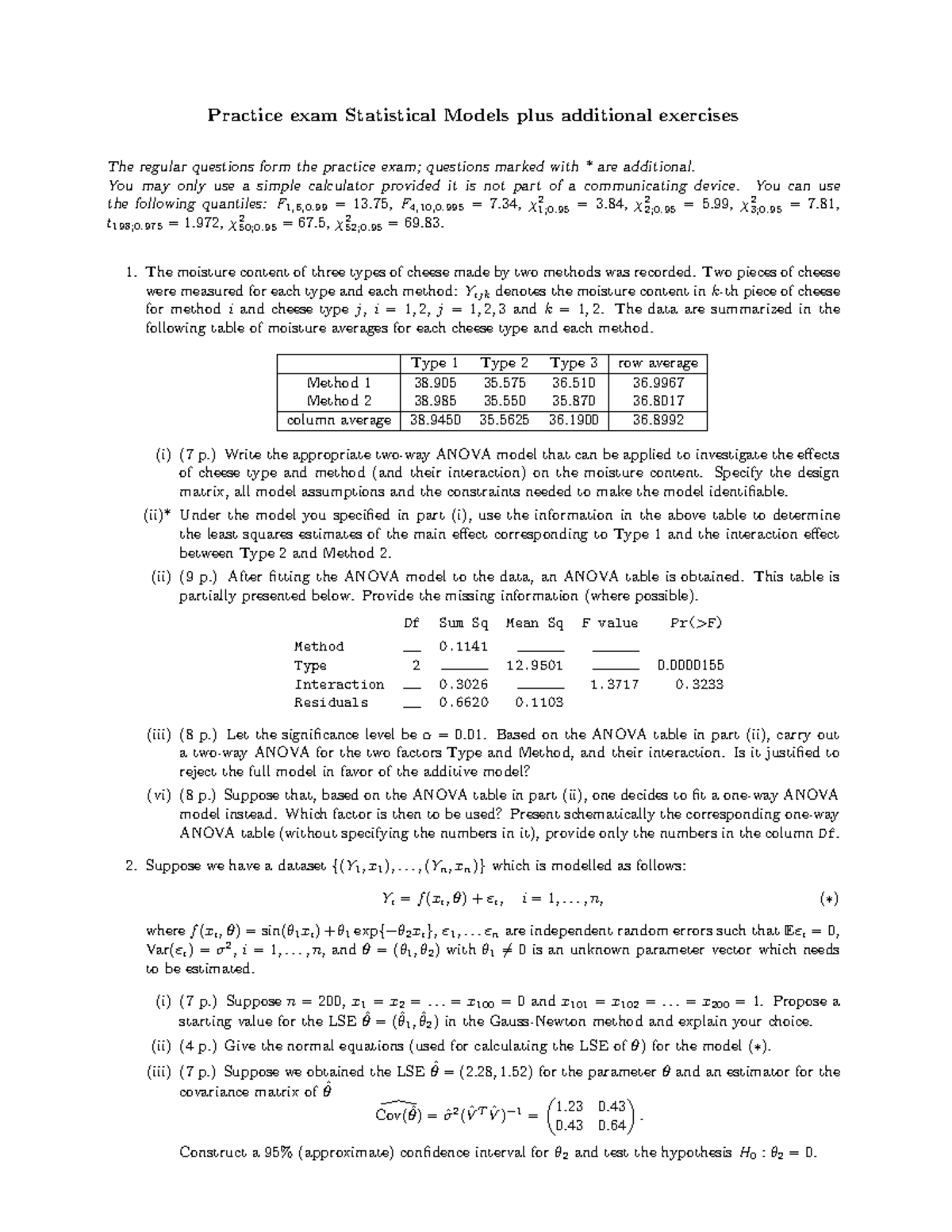 Practice exam statmod - Oefenvragen - Practice exam Statistical Models plus additional exercises ...