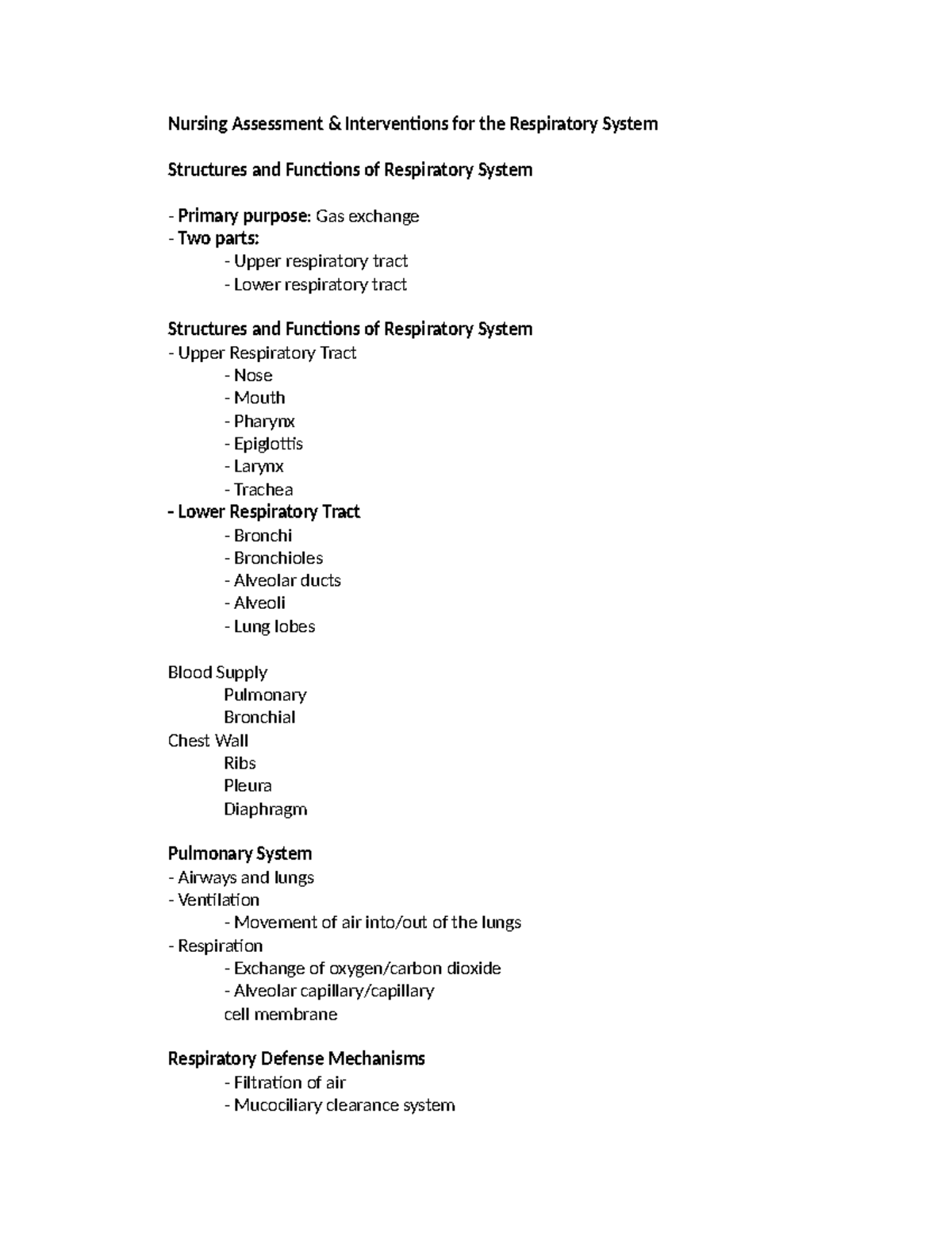 Respiratory Notes - Nursing Assessment & Interventions for the ...