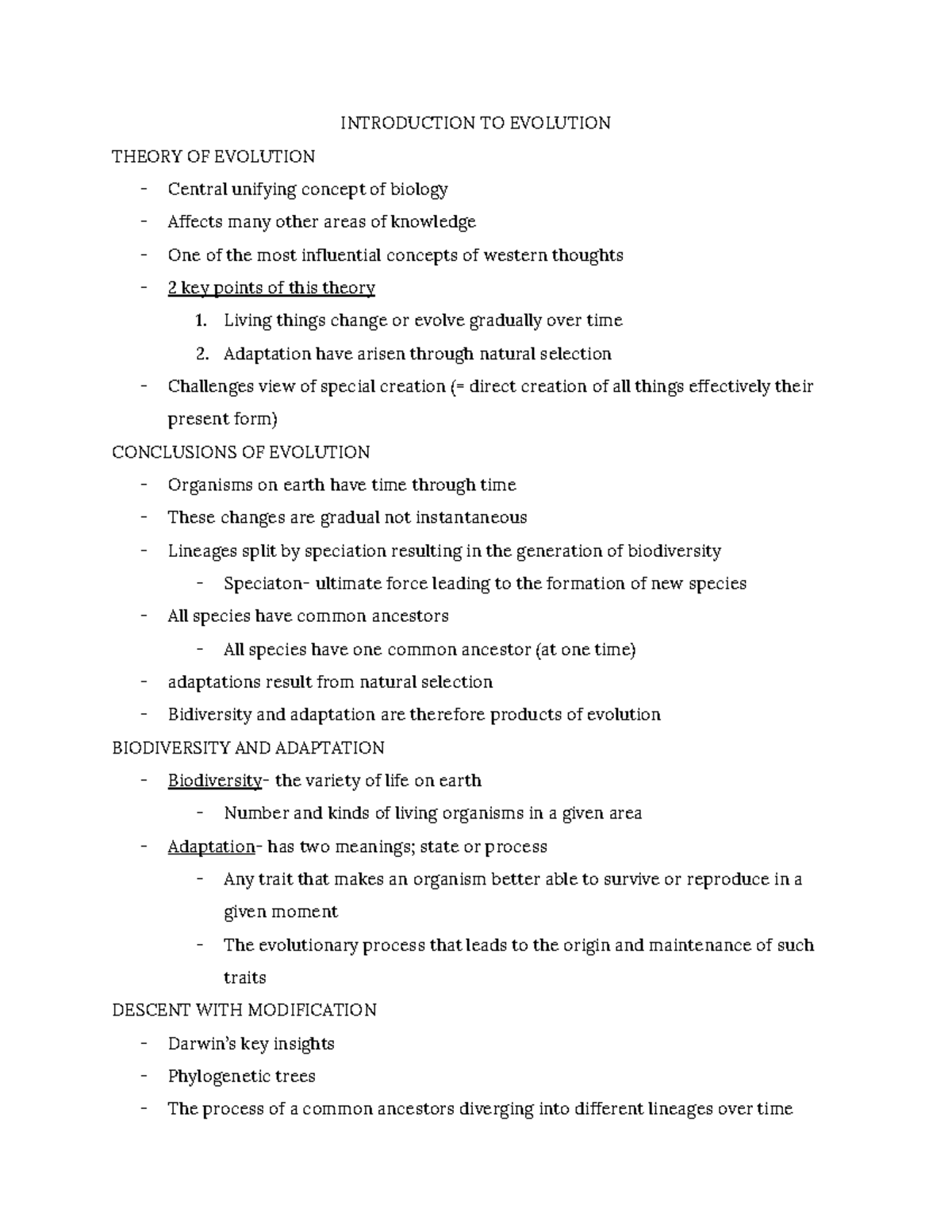BIO120 Lecture 13 Notes INTRODUCTION TO EVOLUTION THEORY OF EVOLUTION bio120-lecture-13-notes-introduction-to-evolution-theory-of-evolution