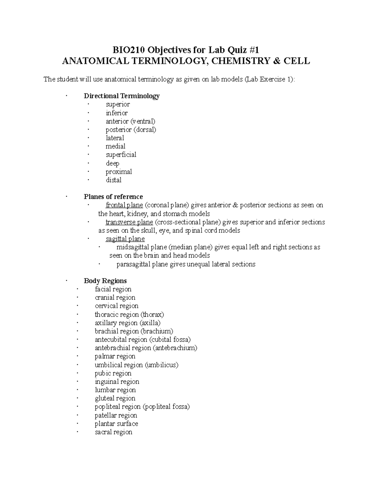 Lab Quiz 1 Objectives - LAB QUIZ OBJECTIVE - BIO210 Objectives for Lab ...