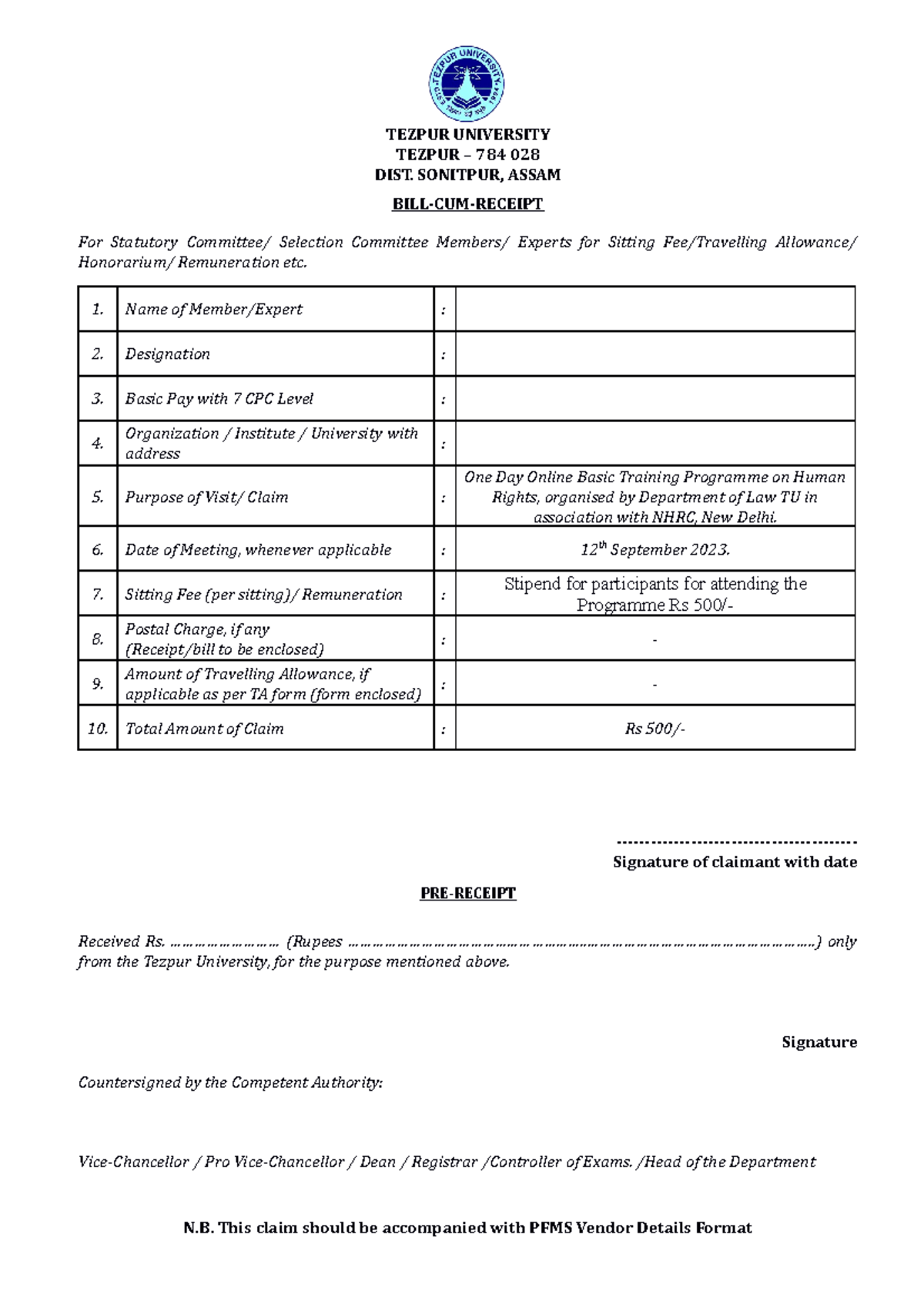 Claim-Form-Sitting-Fee Honorarium etc - TEZPUR UNIVERSITY TEZPUR – 784 ...