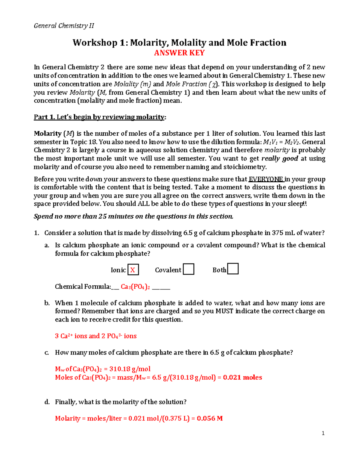 Workshop 1 - Practice answers - General Chemistry II 1 Workshop 1 ...