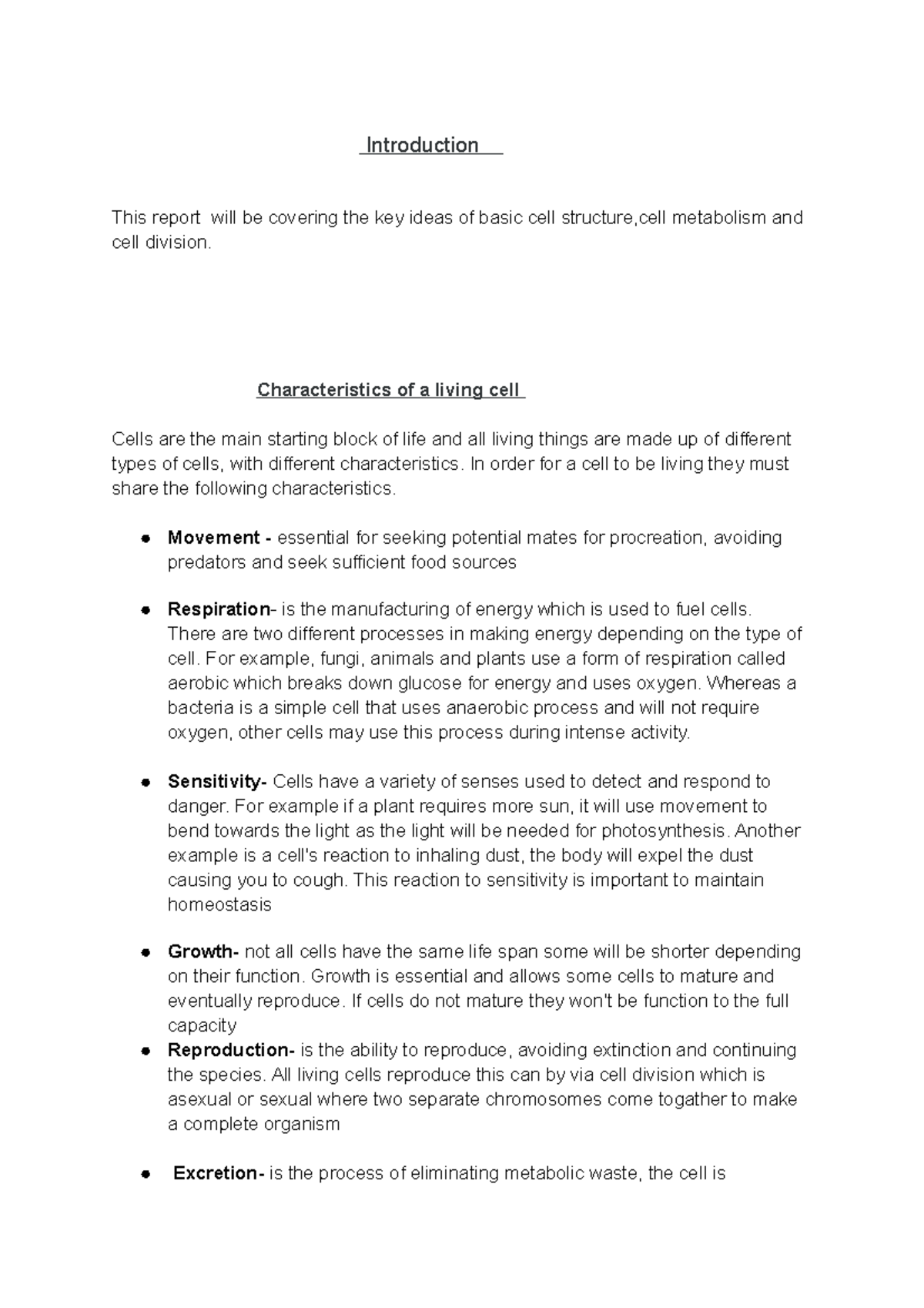 Completed cell bioligy - Introduction This report will be covering the ...