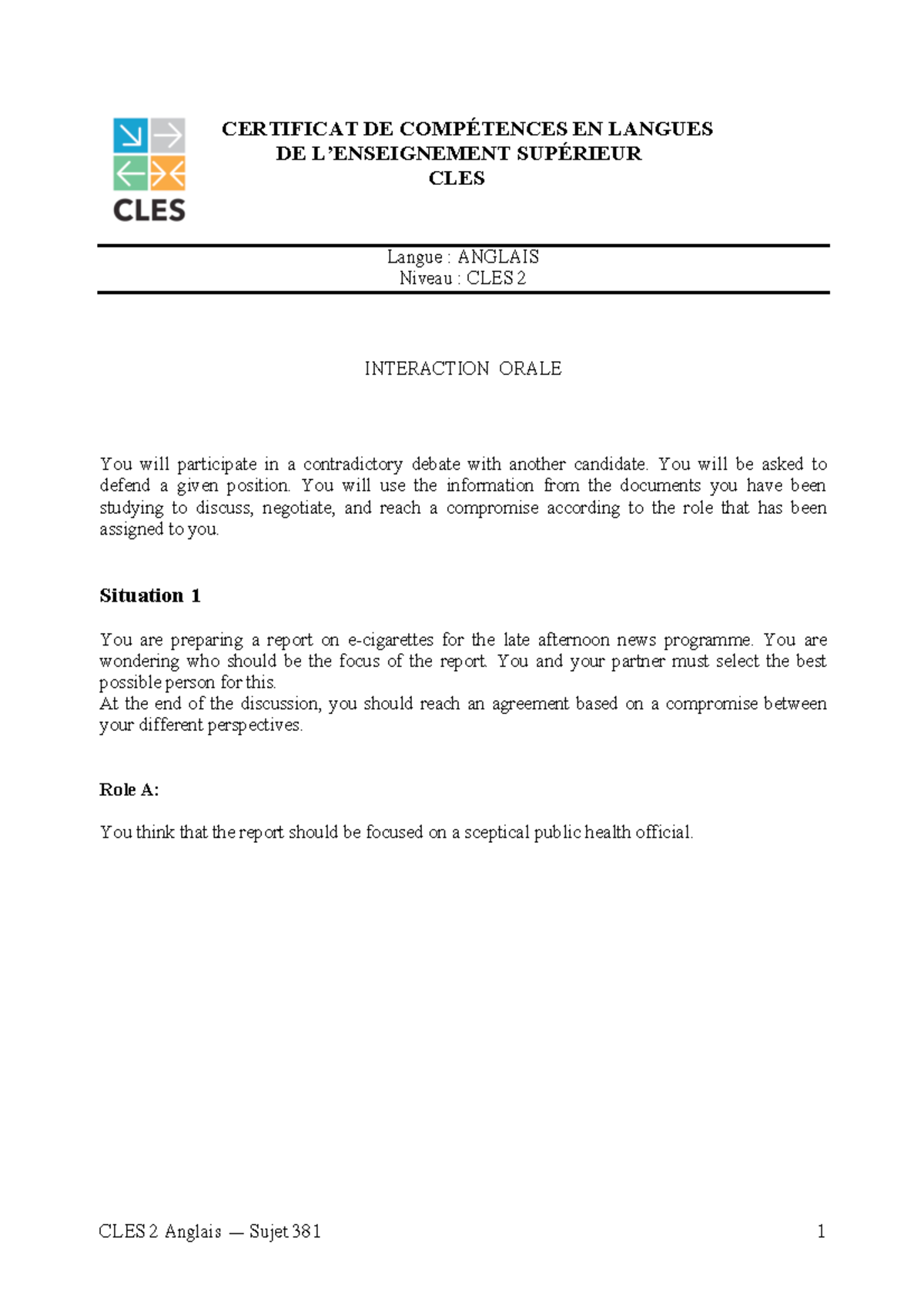 Interaction orale Clesb 2 Anglais Num381 - DE L’ENSEIGNEMENT SUPÉRIEUR CLES Langue : ANGLAIS ...