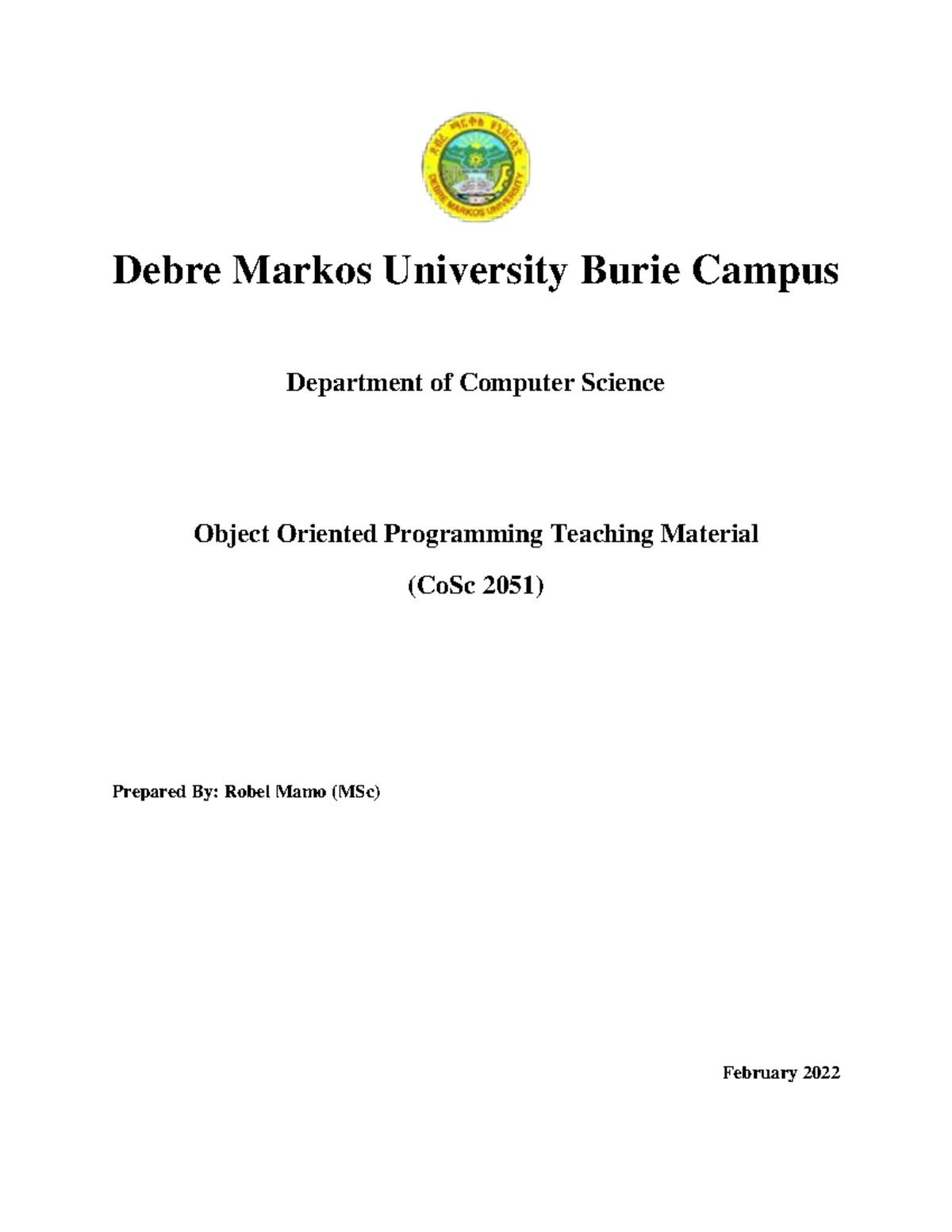 OOP Teaching Material - Debre Markos University Burie Campus Department of Computer Science ...