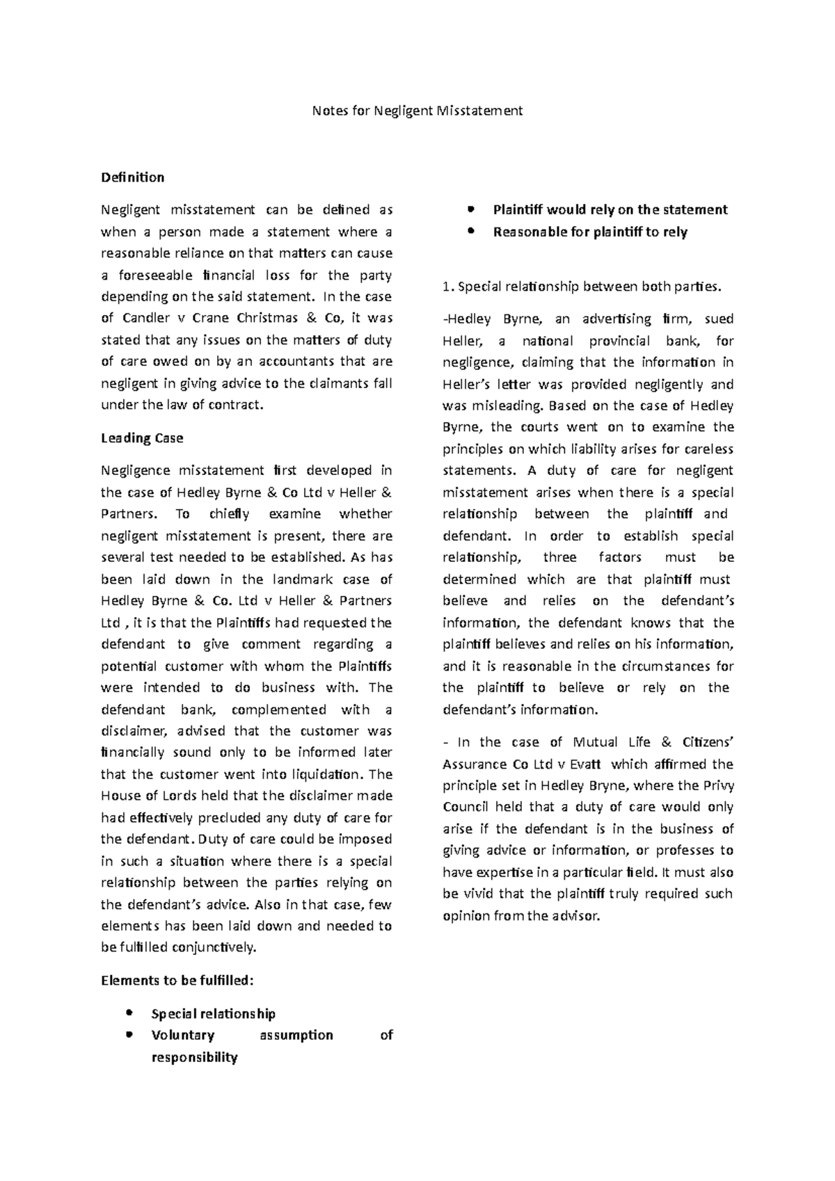 Notes for Negligent Misstatement - Notes for Negligent Misstatement ...