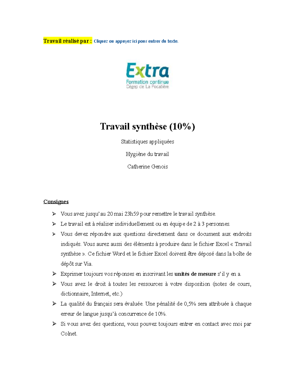 Travail synthèse - examen - Travail réalisé par : Cliquez ou appuyez ...