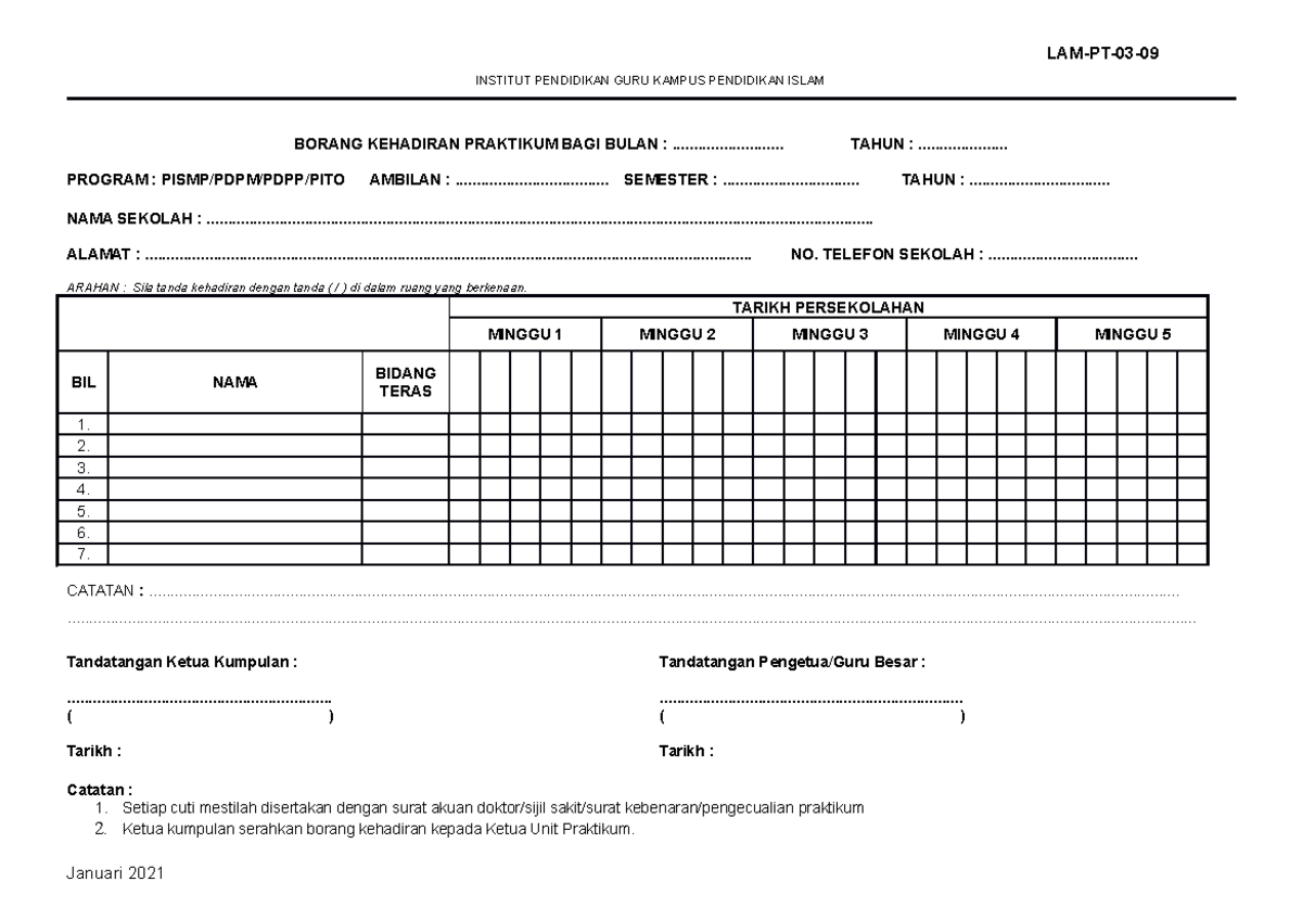 4. Borang Kehadiran LAM-PT-03-09 - INSTITUT PENDIDIKAN GURU KAMPUS PENDIDIKAN ISLAM BORANG ...