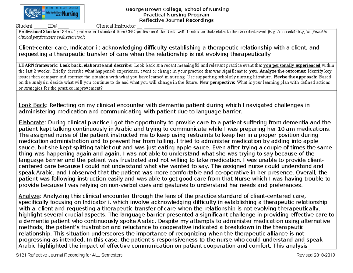 Reflection #3 - George Brown College, School of Nursing Practical ...