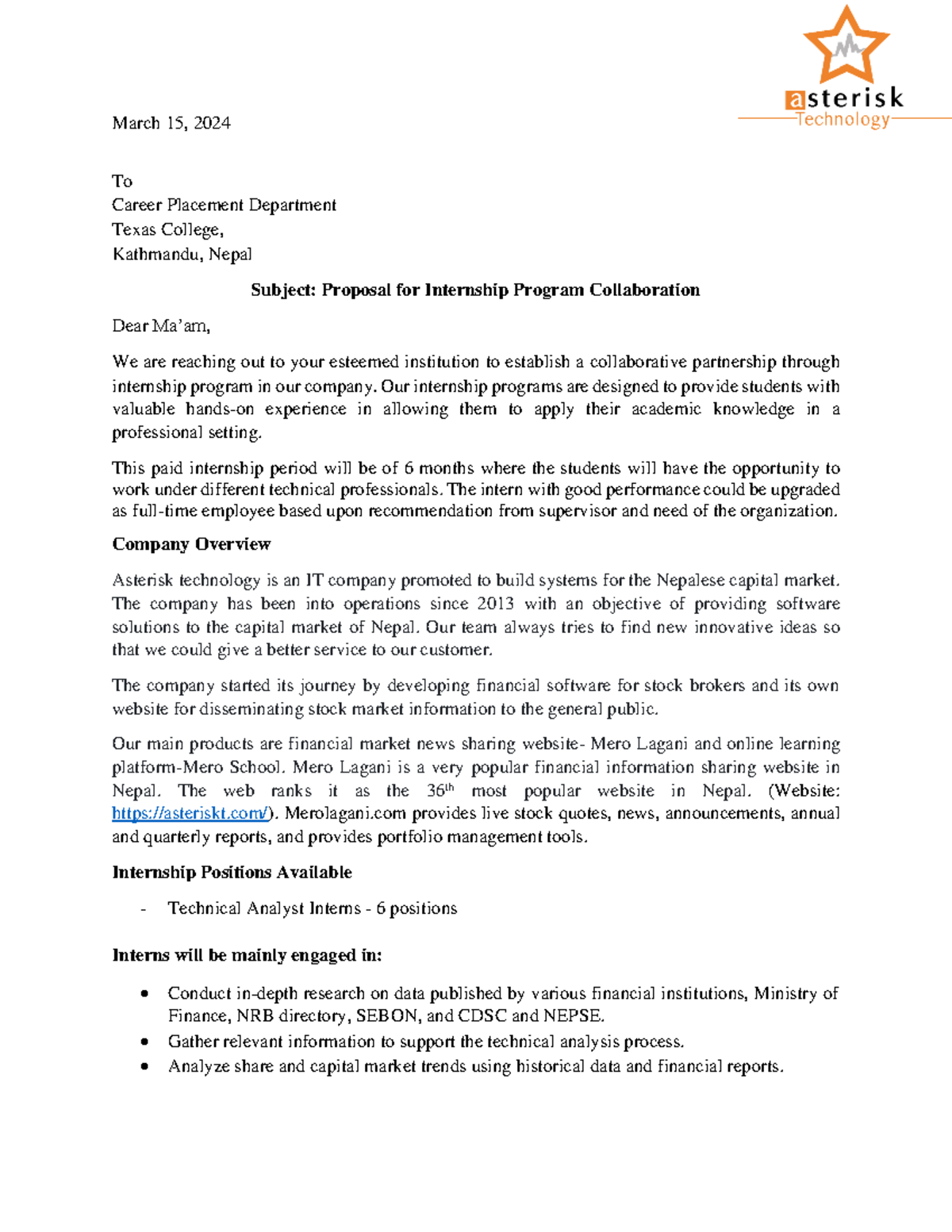 Internship Proposal Asterisk Technology - March 15, 2024 To Career ...