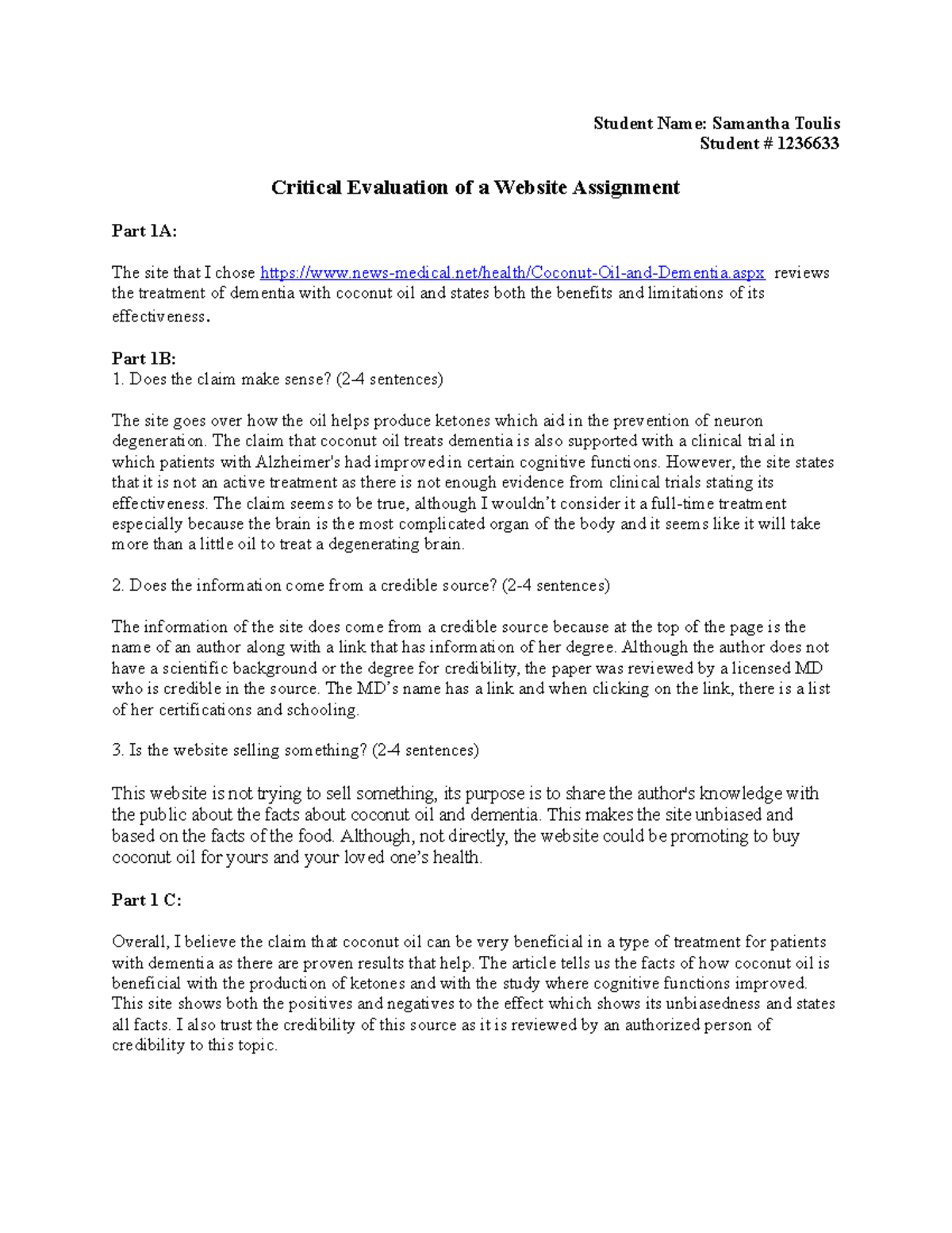 Nutrition Assignment 1 - Samantha Toulis - Student Name: Samantha ...