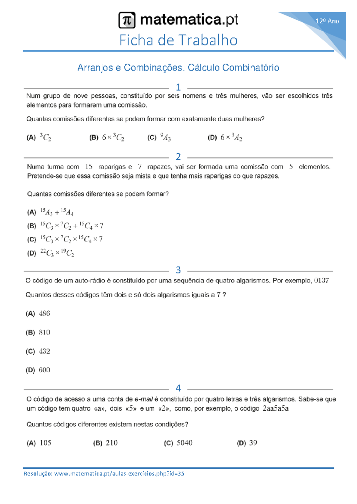 Cálculo combinatório - Matemática - Ficha de Trabalho Arranjos e ...