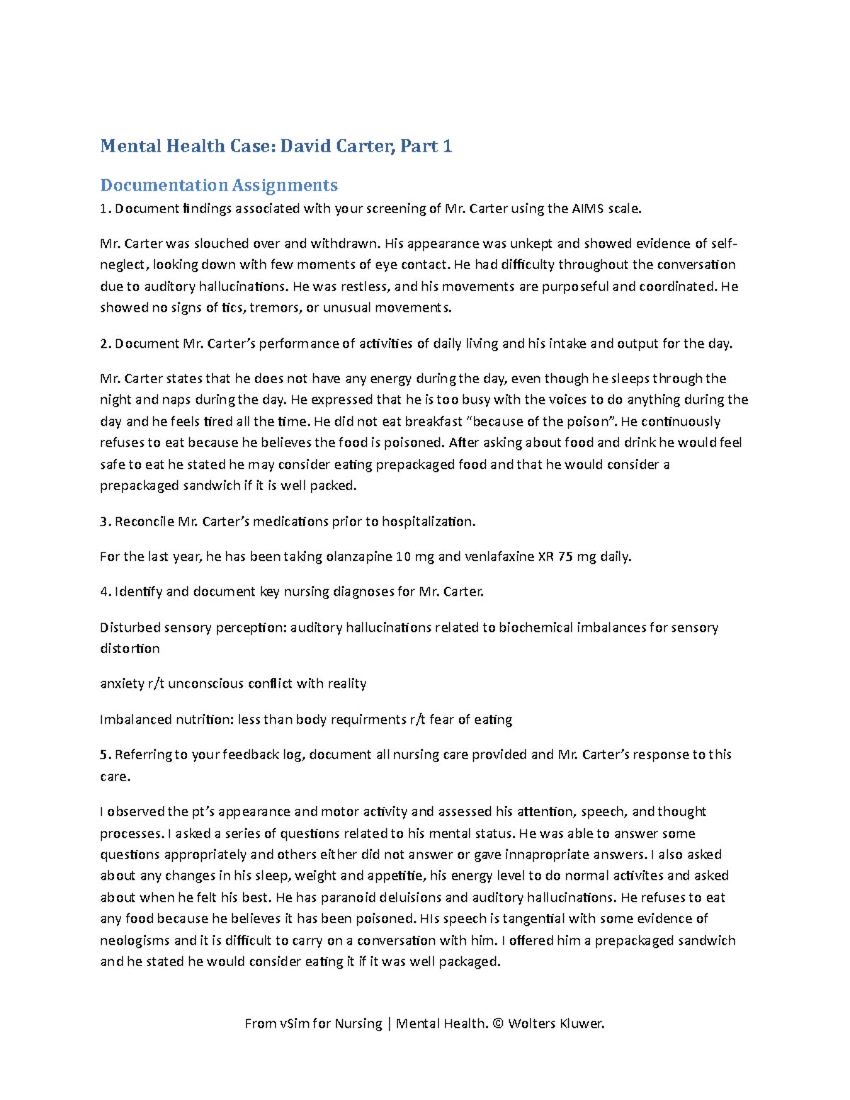 Mental Health David Carter Part 1 DA - Mental Health Case: David Carter, Part 1 Documentation ...