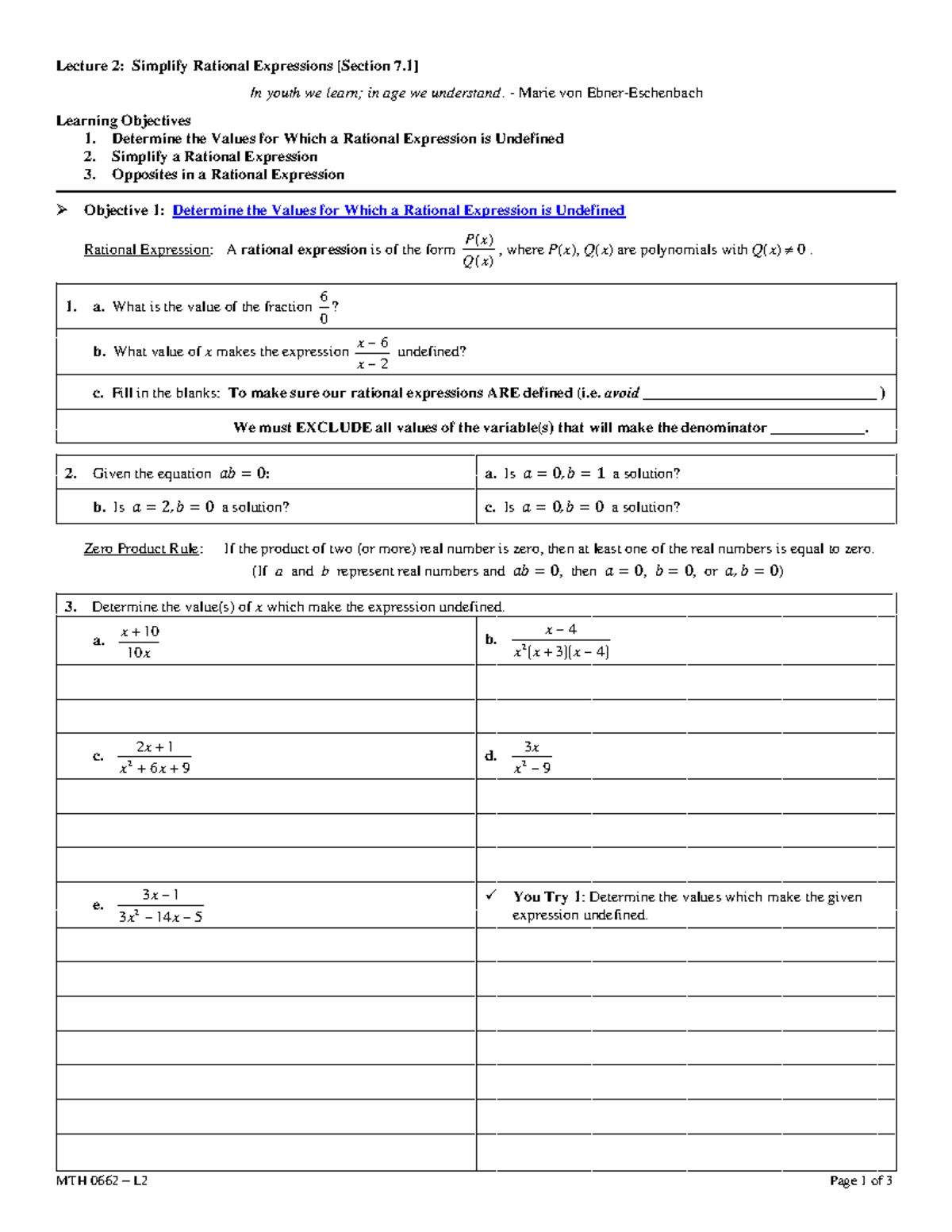0662 - Lecture 2 - Simplify Rational Expressions - MTH 0662 – L2 Page 1 ...
