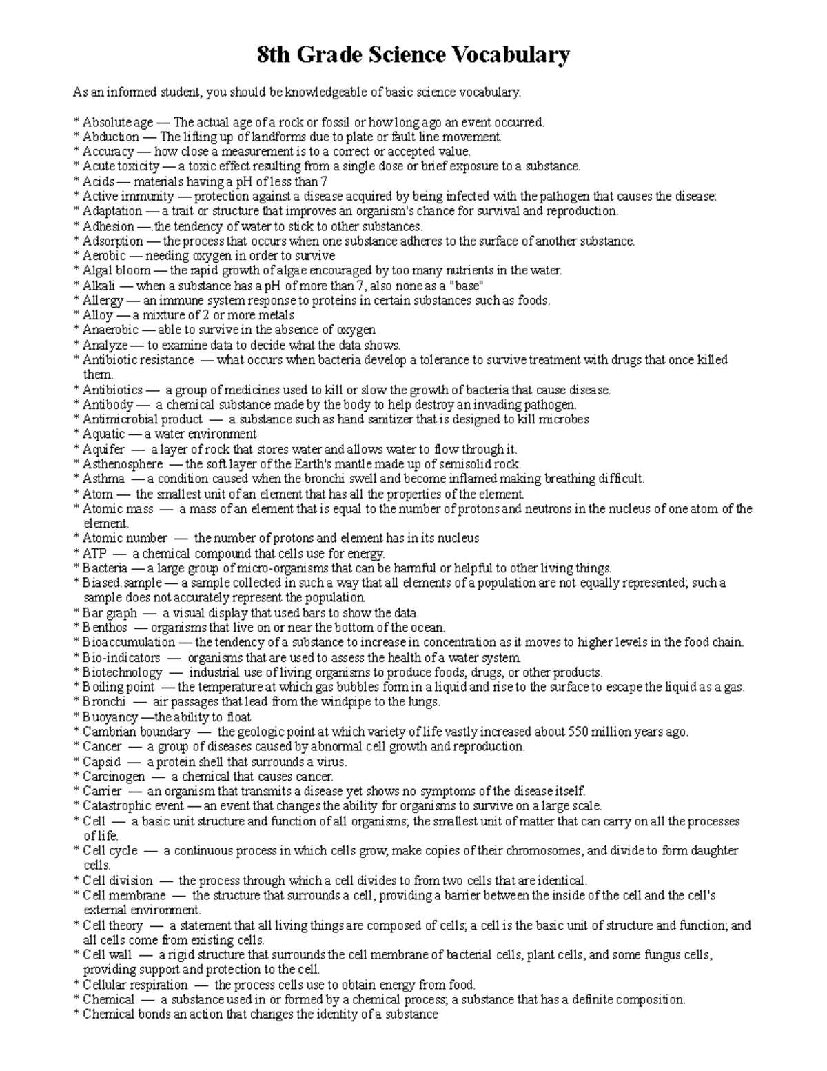 8th Science Vocab - 8th Grade Science Vocabulary As an informed student ...