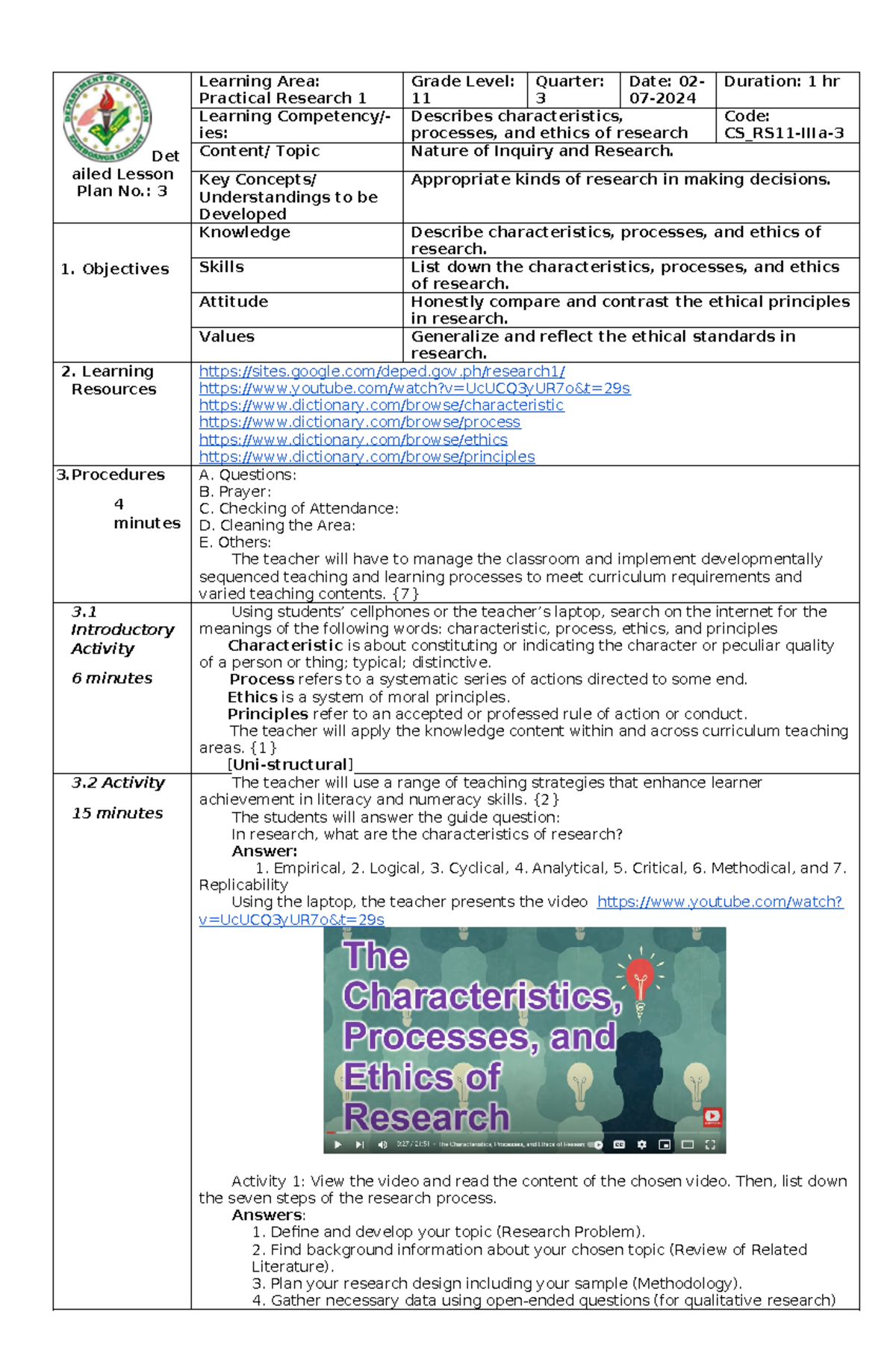 PR1 DLP D3 - Practical Research 1 - Det ailed Lesson Plan No.: 3 ...