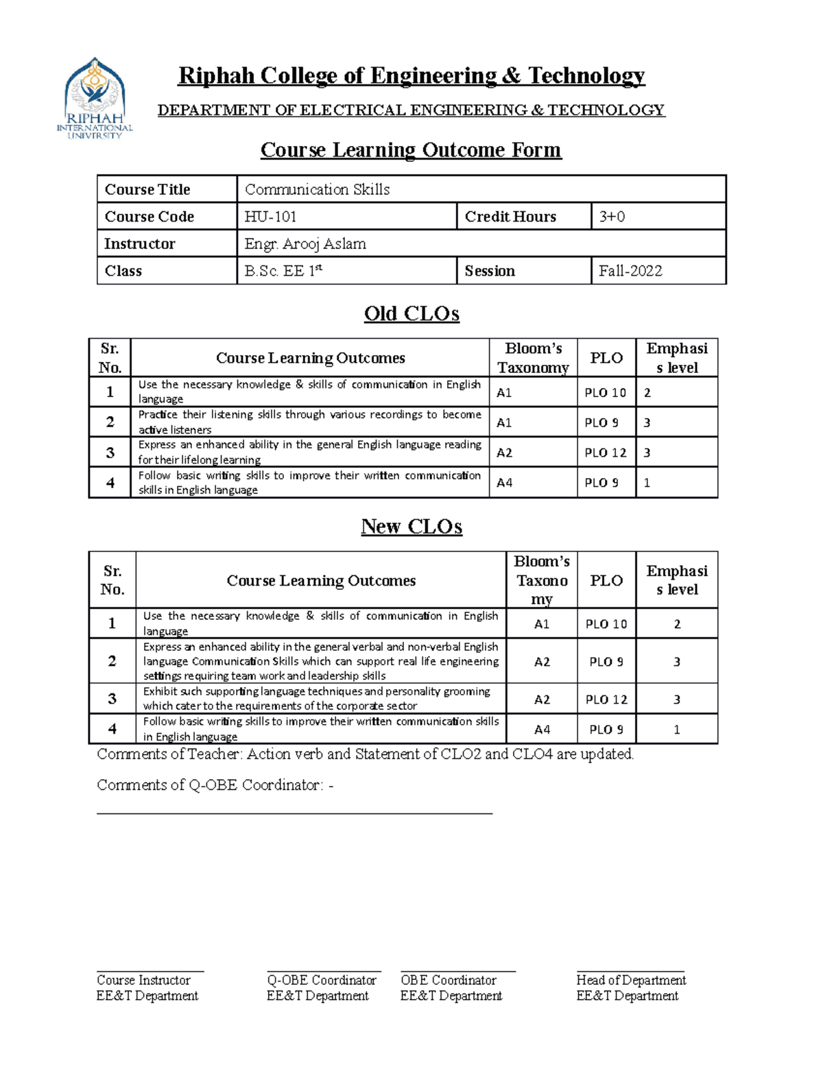 CLO Approval Form (cs) - Corporate St - Riphah College of Engineering ...