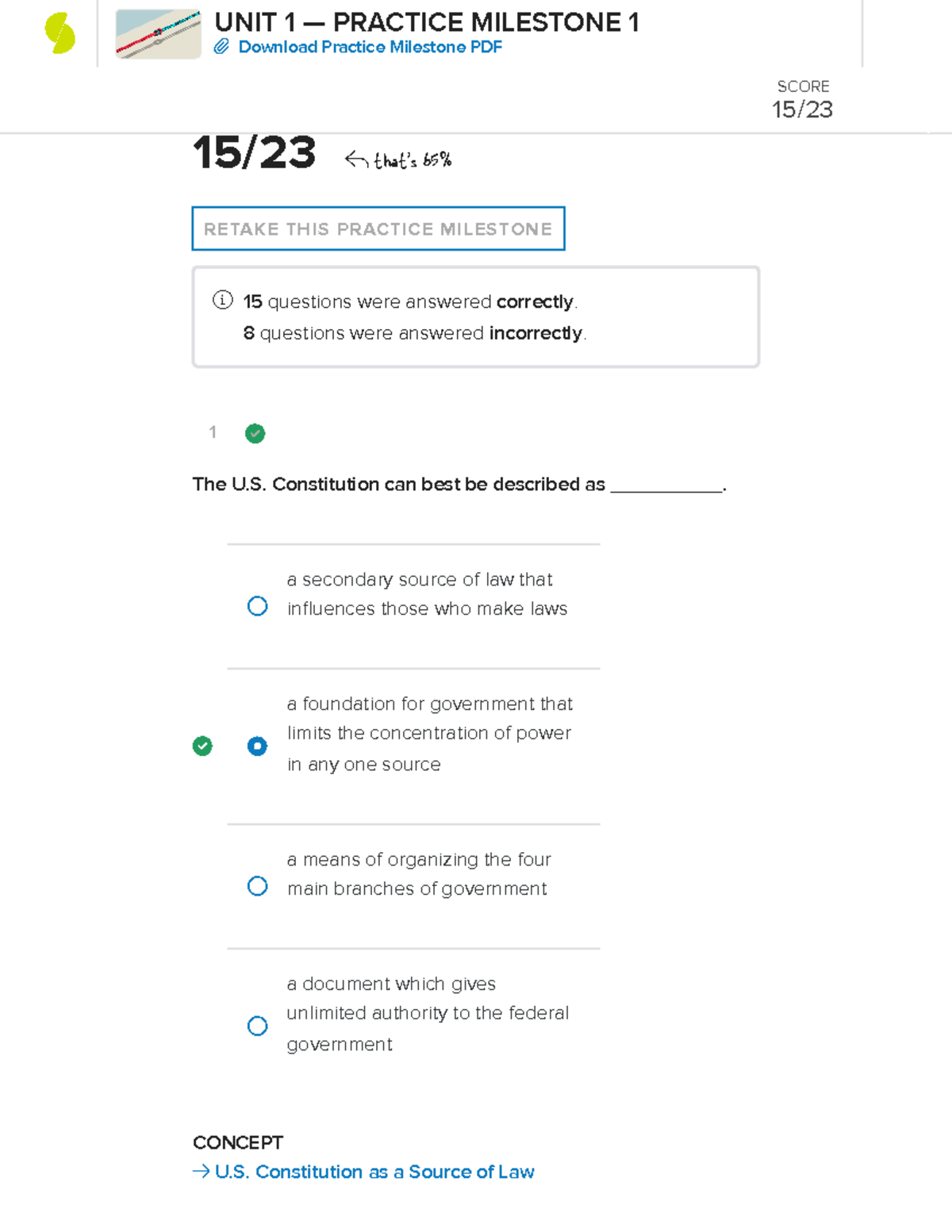 Business law practice unit 1 milestone - 1 CONCEPT → U. Constitution as ...