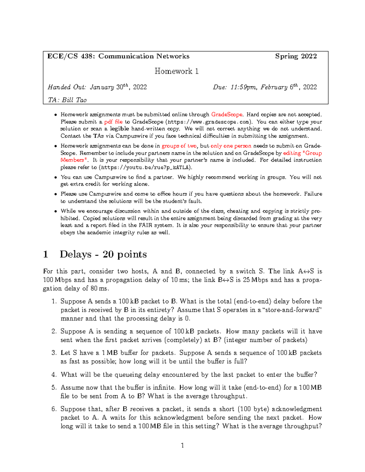 HW1 - Homework Problem - ECE/CS 438: Communication Networks Spring 2022 ...